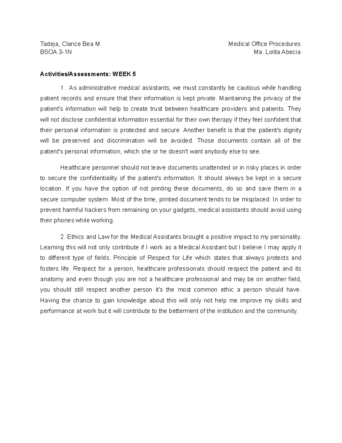 Medical Office Procedures Activities and Assessments Week 5 - Tadeja ...