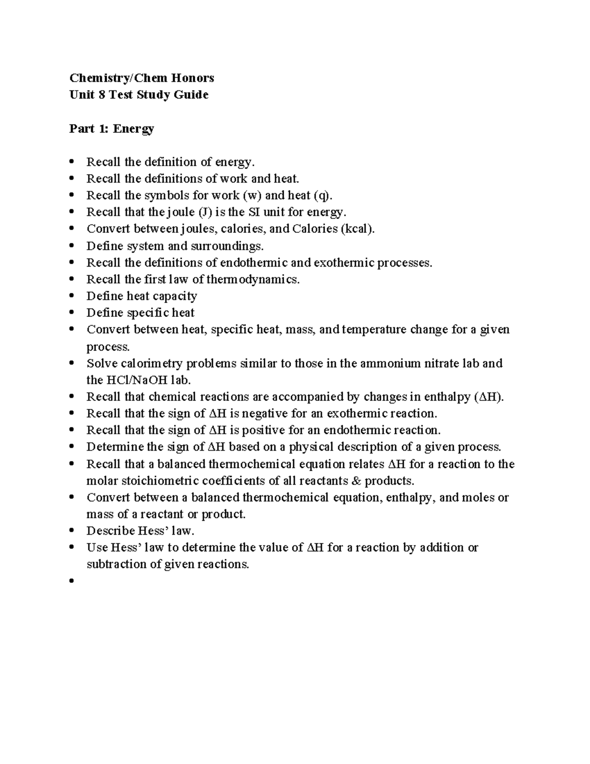 13 Study Guide - Chemistry/Chem Honors Unit 8 Test Study Guide Part 1 ...