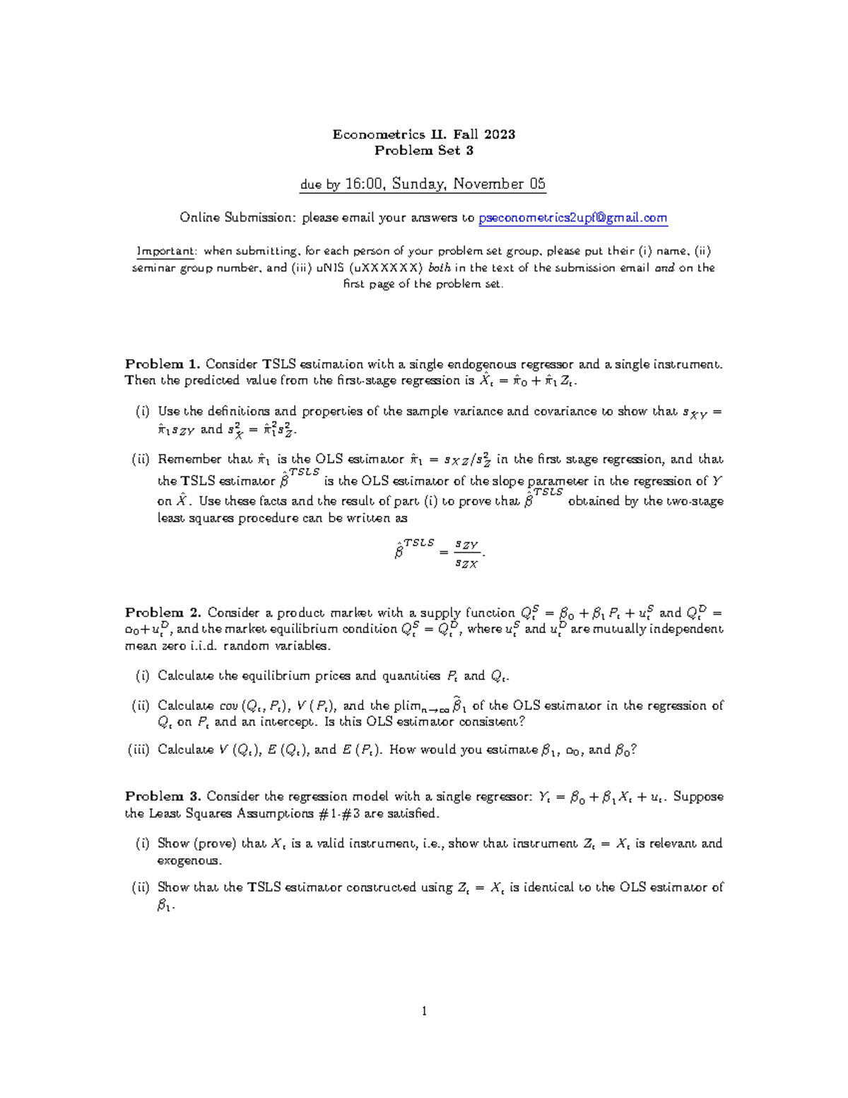 Problem Set 3 Document With No Solutions Econometrics Ii Fall 2023 Problem Set 3 Due By 1600