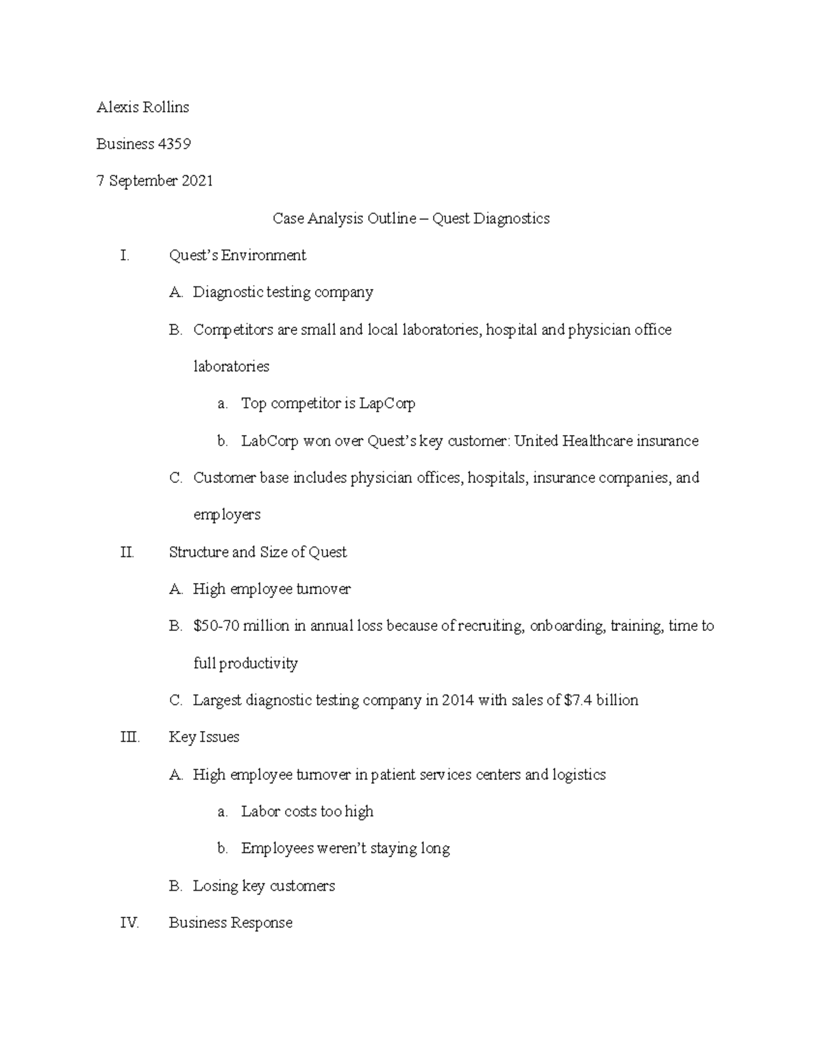 Case Analysis Outline Business Strategy - Alexis Rollins Business 4359 ...