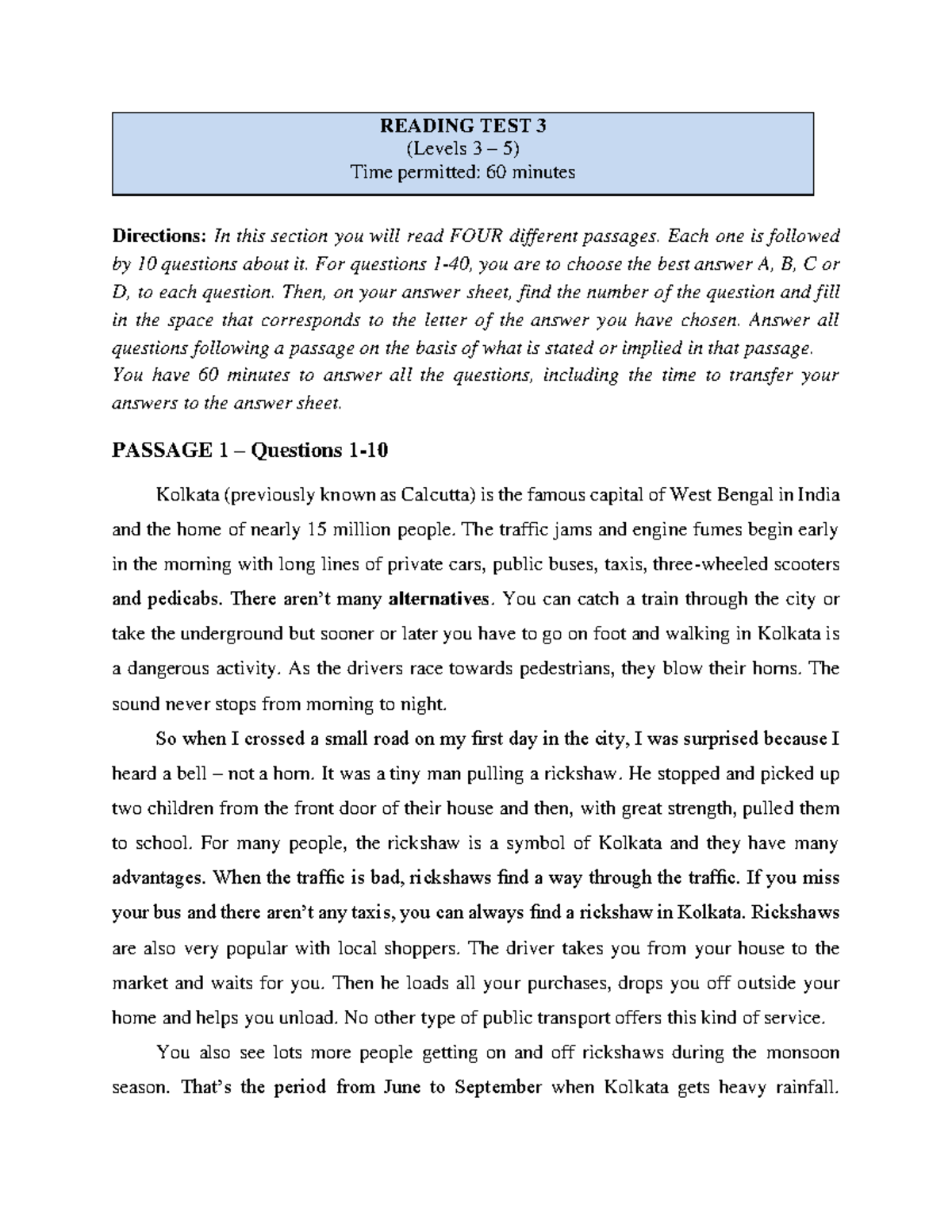 Reading TEST 3 - ôn anh văn - READING TEST 3 (Levels 3 – 5) Time ...