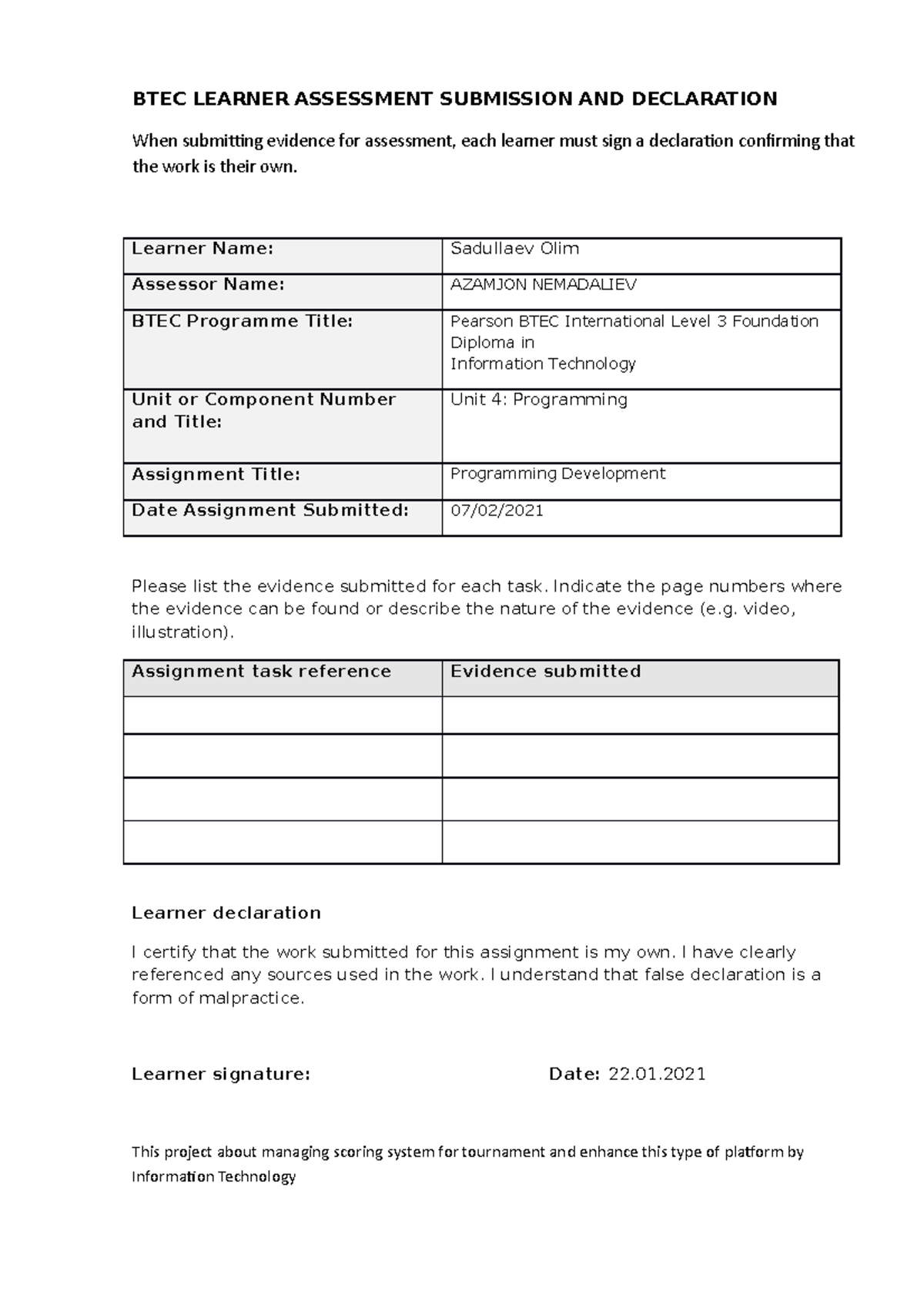 Sadullaev Olim Assignment B.C. — копия - BTEC LEARNER ASSESSMENT SUBMISSION AND DECLARATION When ...