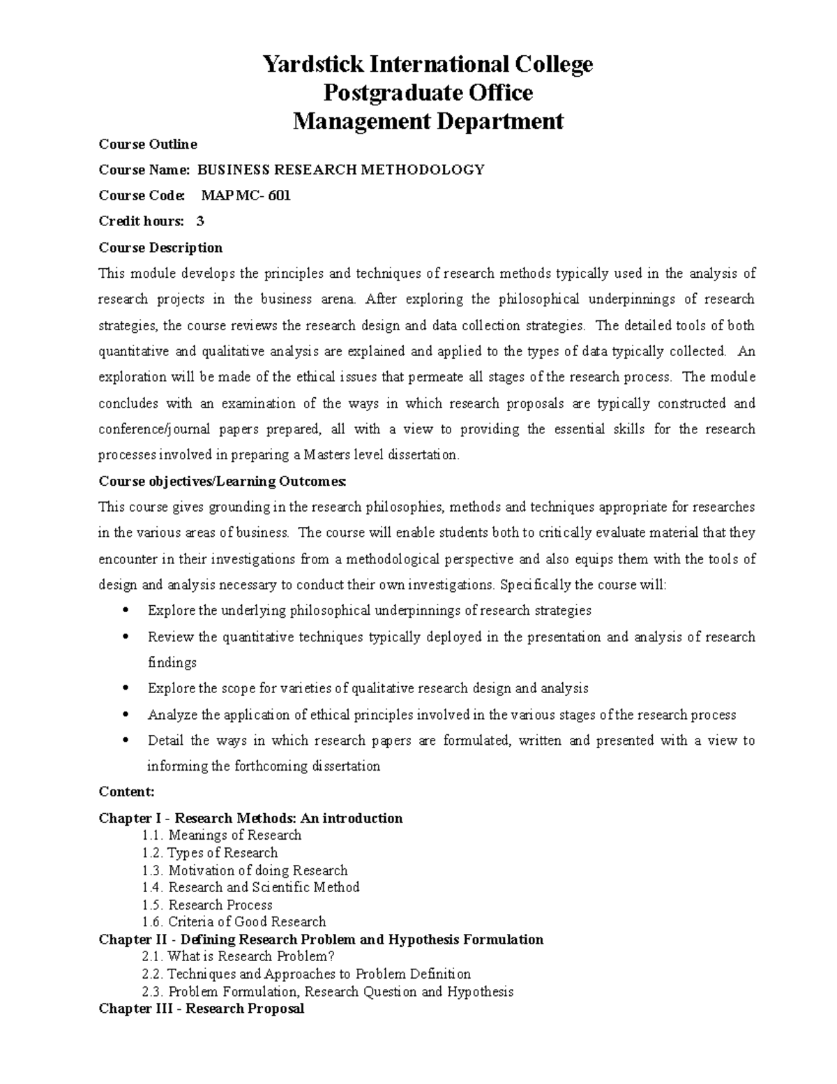 Research course outline - Yardstick International College Postgraduate ...