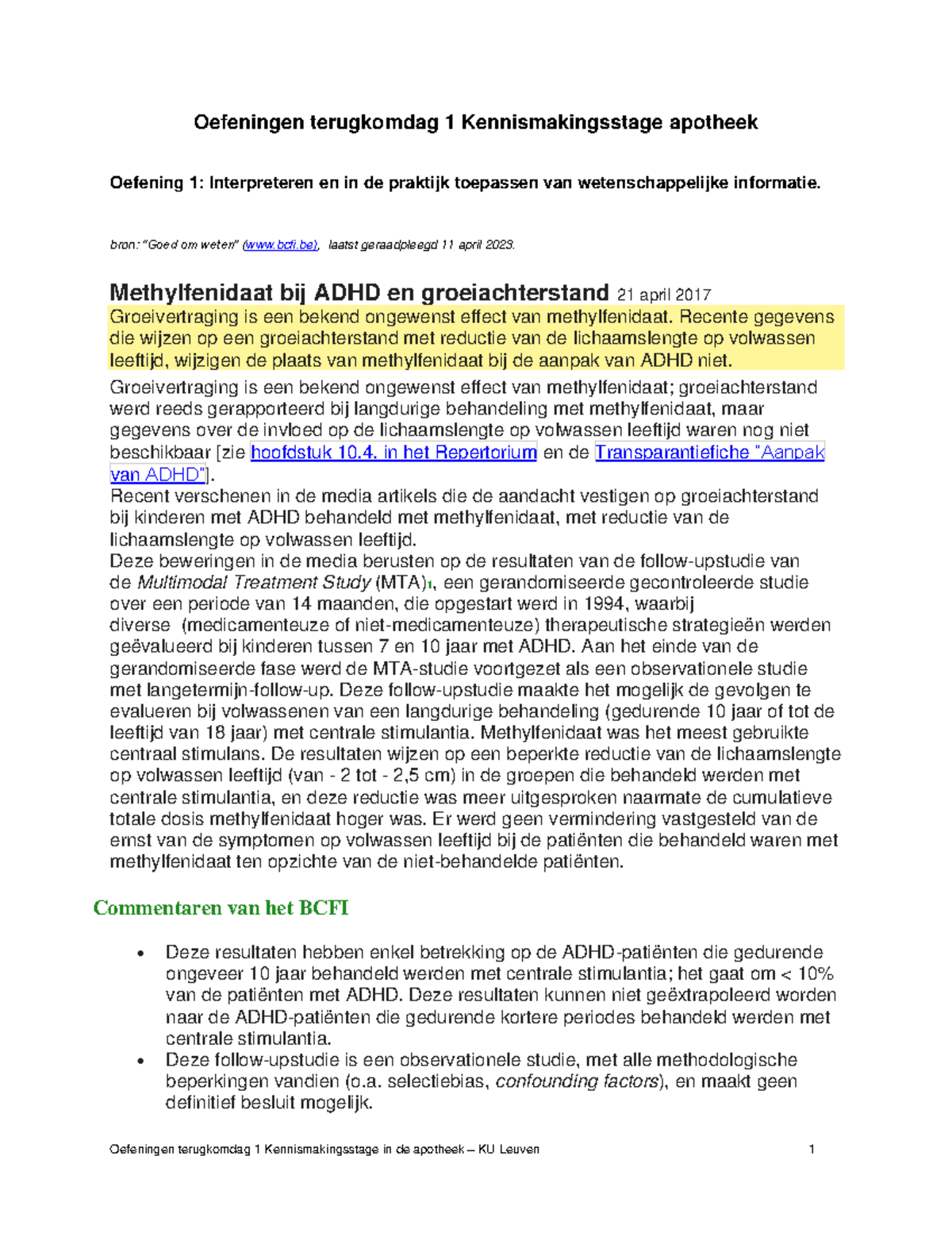 Oefeningen terugkomdag 1 2023 - Oefeningen terugkomdag 1 Kennismakingsstage apotheek Oefening 1 ...