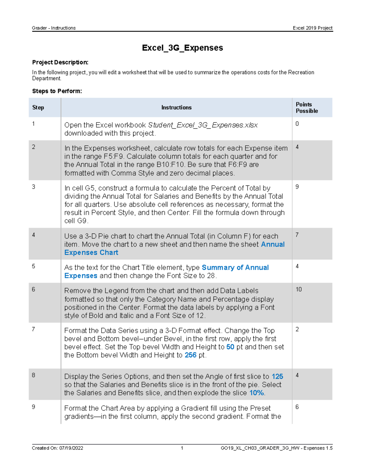 Excel 3G Expenses Instructions - Grader - Instructions Excel 2019 Project Excel_3G_Expenses ...