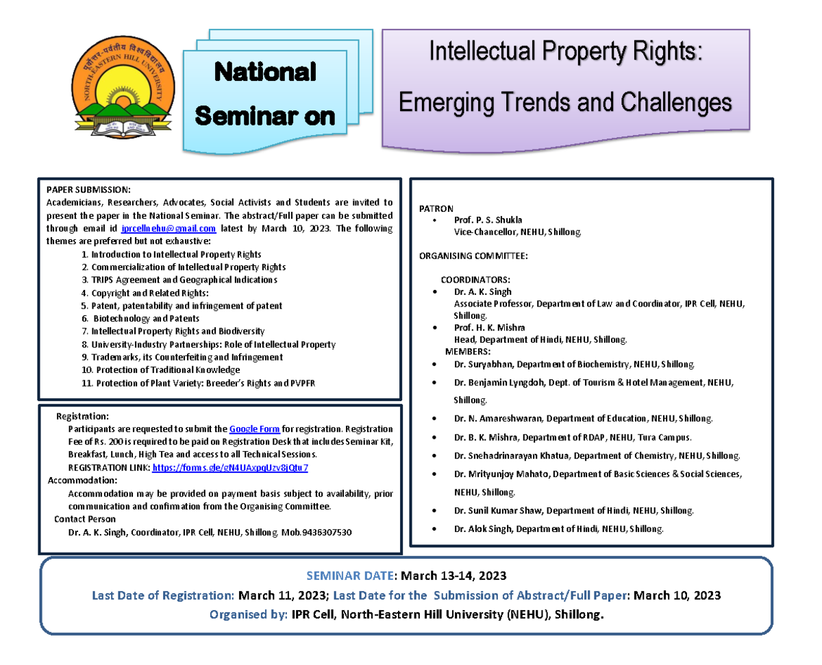 IPR Flyer - National Seminar on Intellectual Property Rights: Emerging ...
