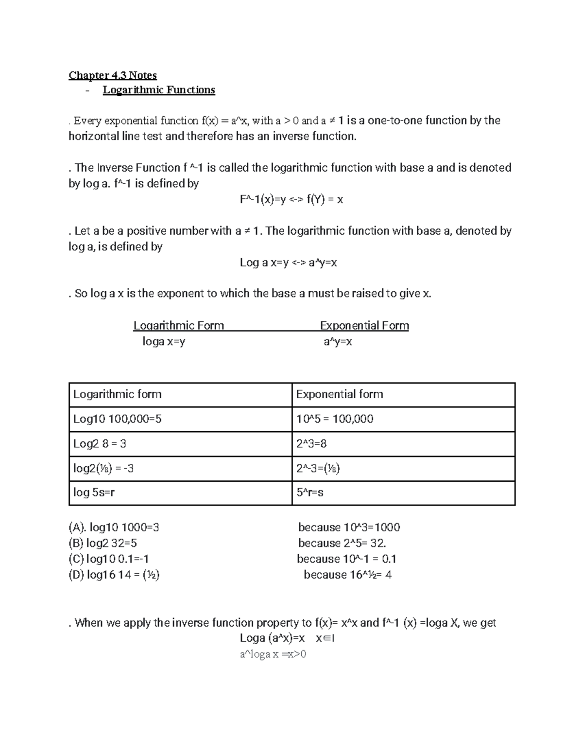 Math Notes - Chapter 4 Notes - Logarithmic Functions . Every ...