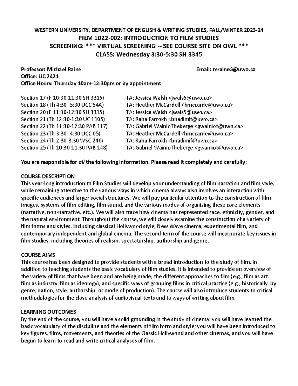 Syllabus FILM 1022.002 - Introduction TO FILM Studies 2023-24 - WESTERN ...