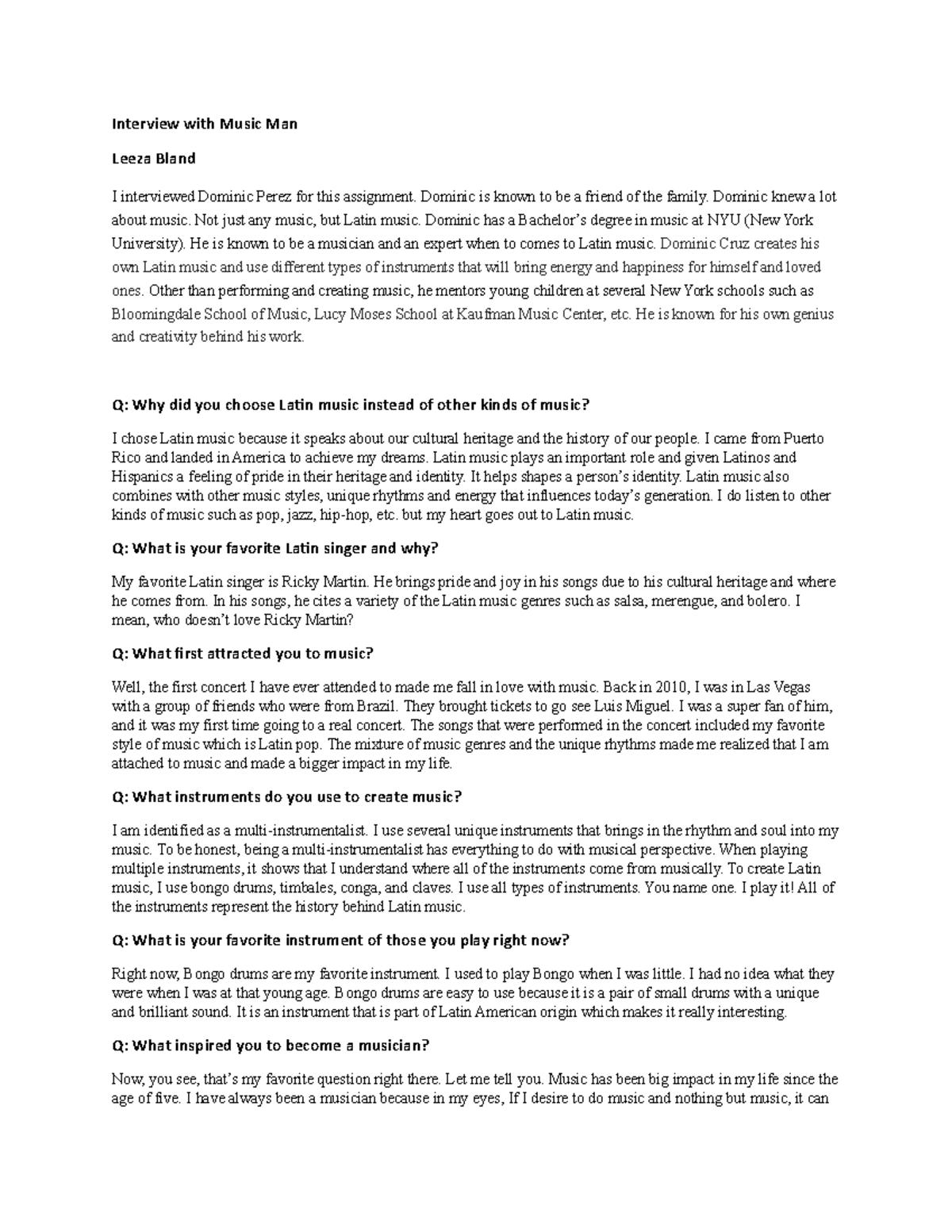 Interview Transcript (Edited) - Interview with Music Man Leeza Bland I ...