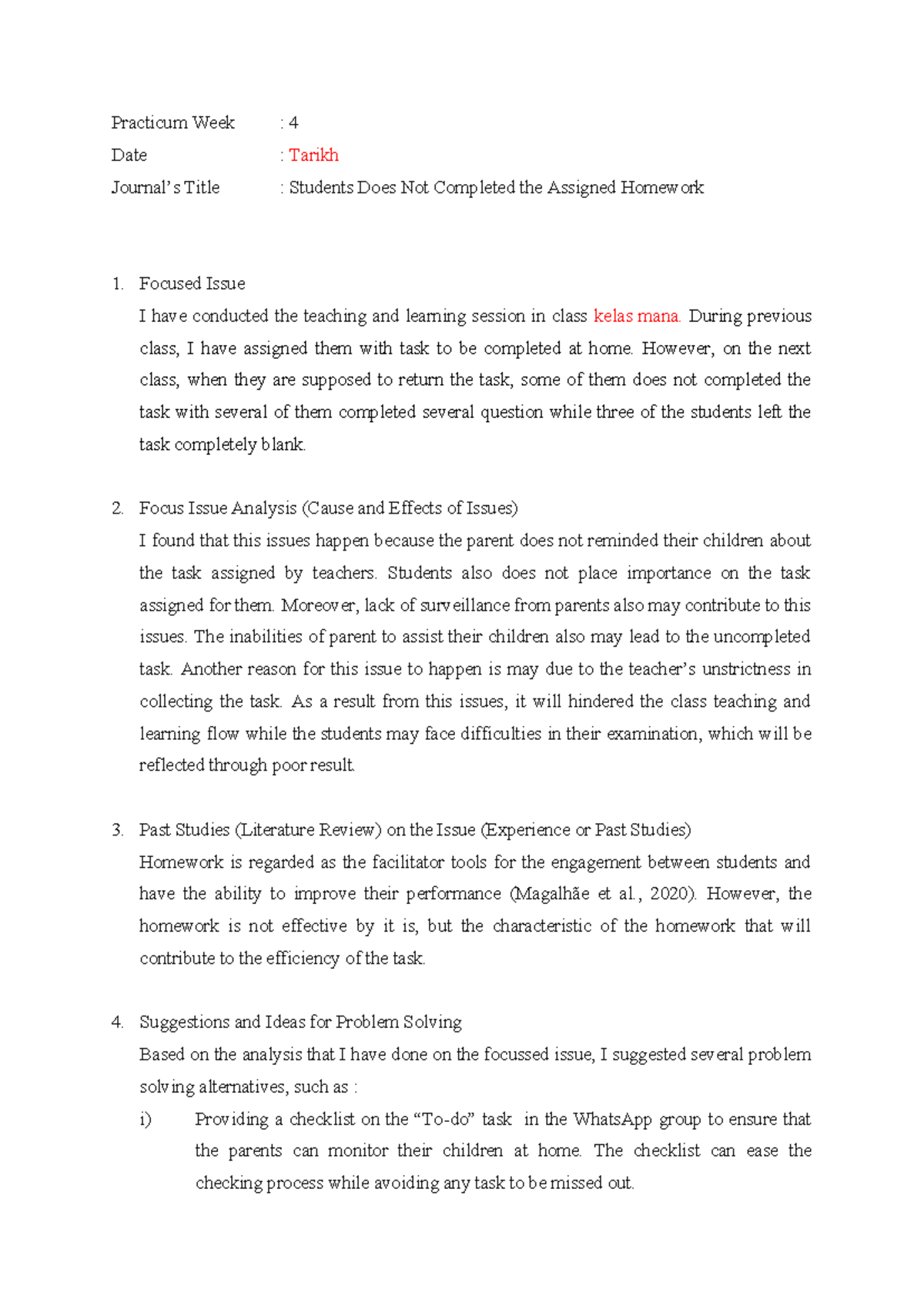 Sample Reflective Journal - Practicum Week : 4 Date : Tarikh Journal’s ...