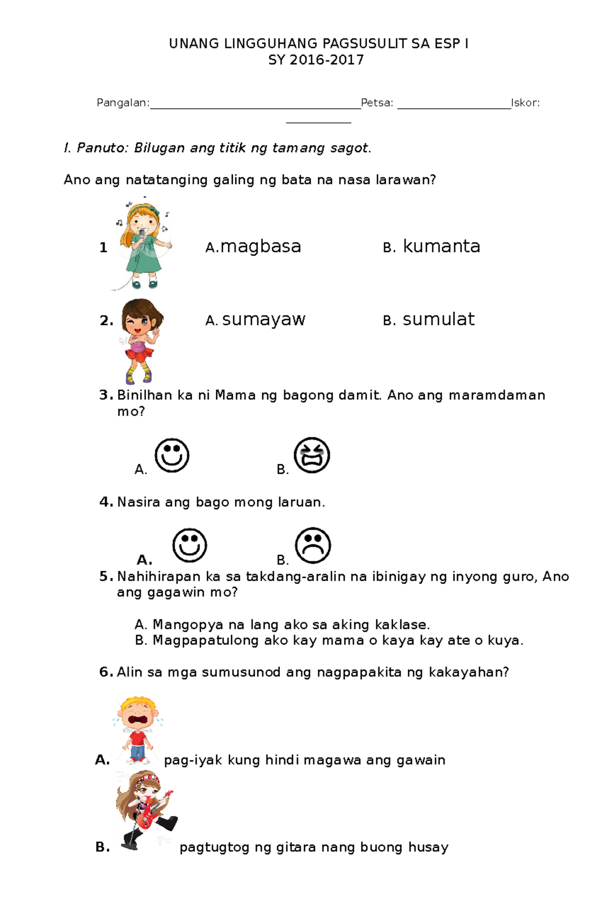 ST 1 ALL Subjects 1 Q1 - UNANG LINGGUHANG PAGSUSULIT SA ESP ISY 2016 ...