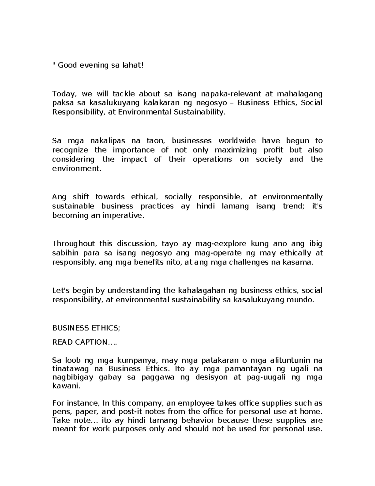 Script FOR Report 2 - " Good evening sa lahat! Today, we will tackle ...