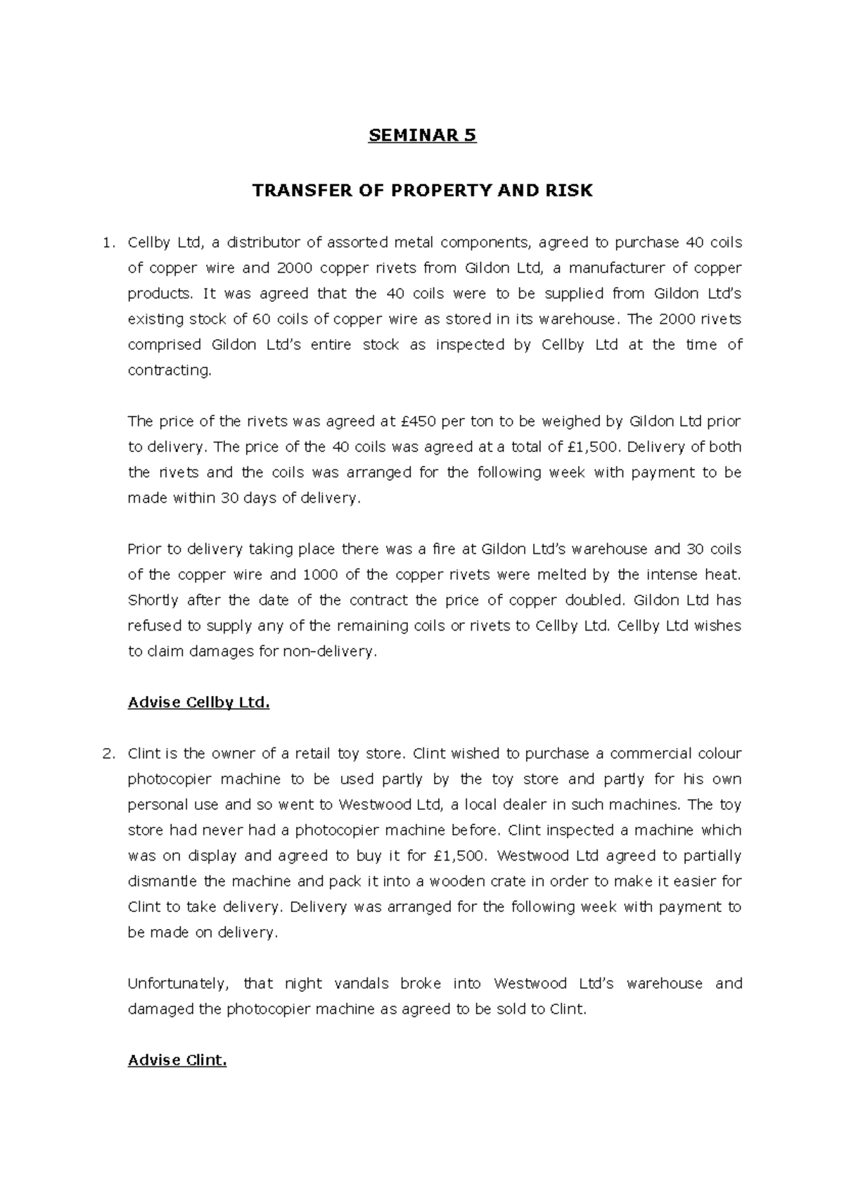 Transfer of Property & Risk Revised - SEMINAR 5 TRANSFER OF PROPERTY ...