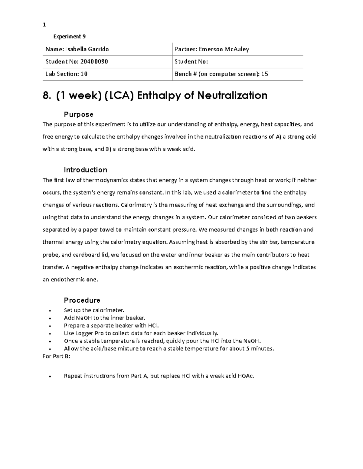 Lab Enthalpy of Neutralization - Experiment 9 8. (1 week) (LCA ...