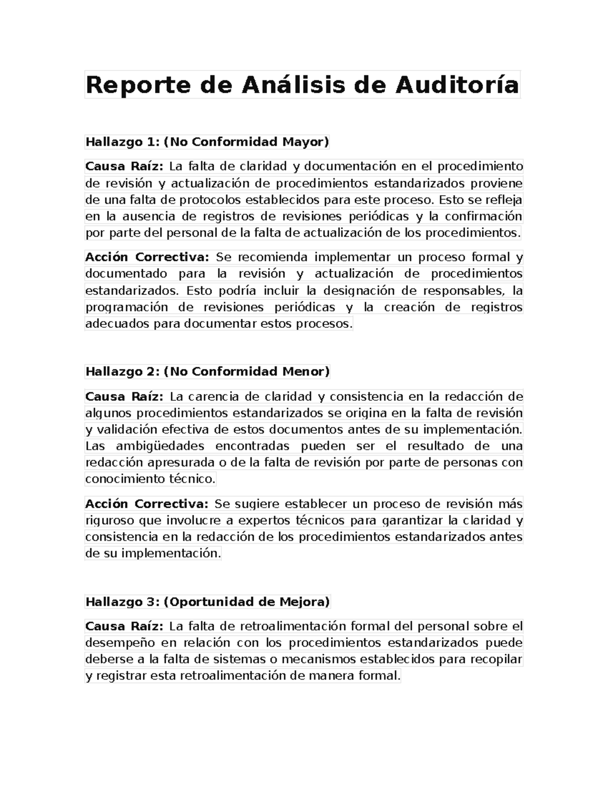 Reporte de Análisis de Auditoría - Reporte de Análisis de Auditoría Hallazgo 1: (No Conformidad ...