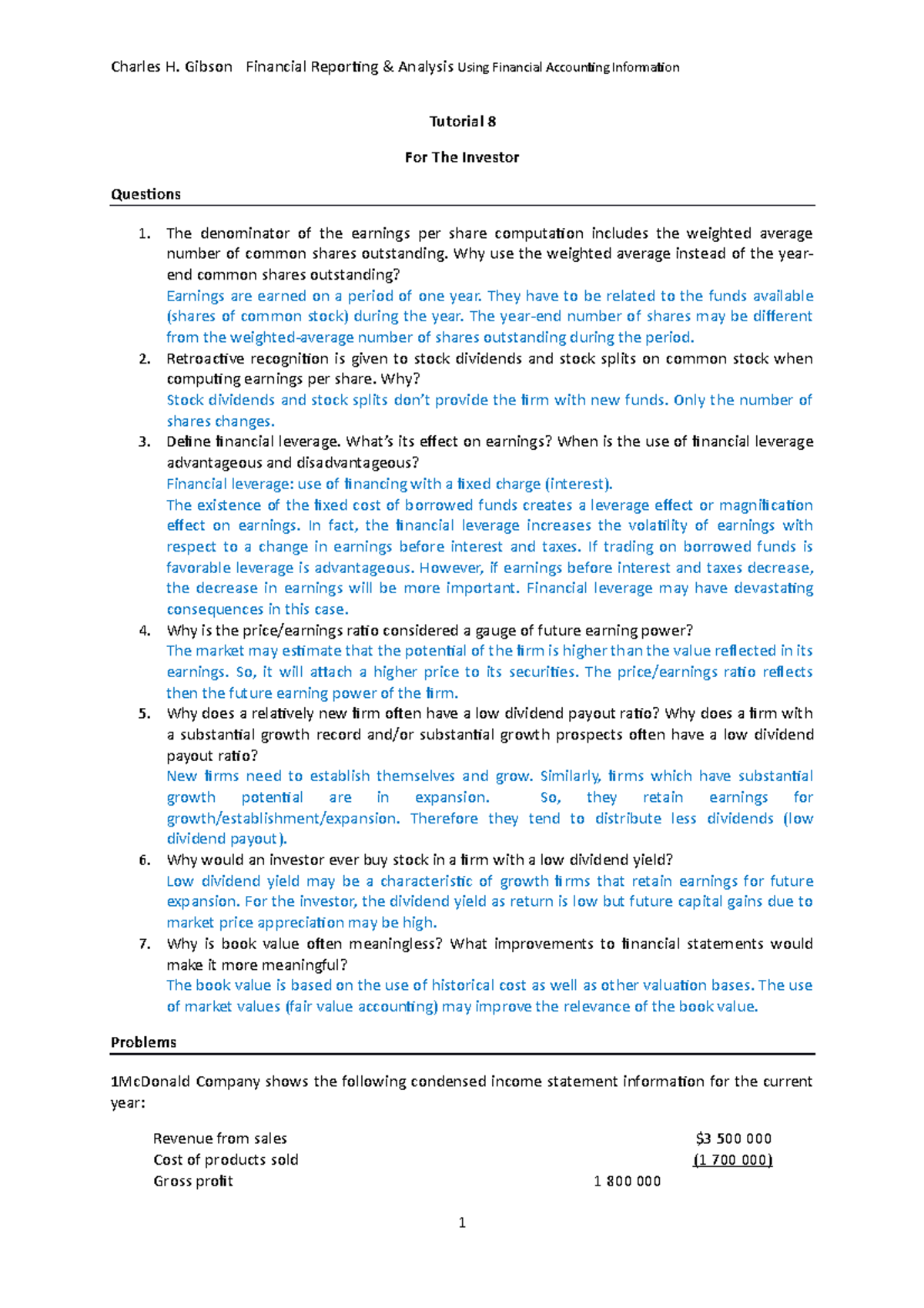 FSA Tutorial 8 - with solutions - Tutorial 8 For The Investor Questions ...
