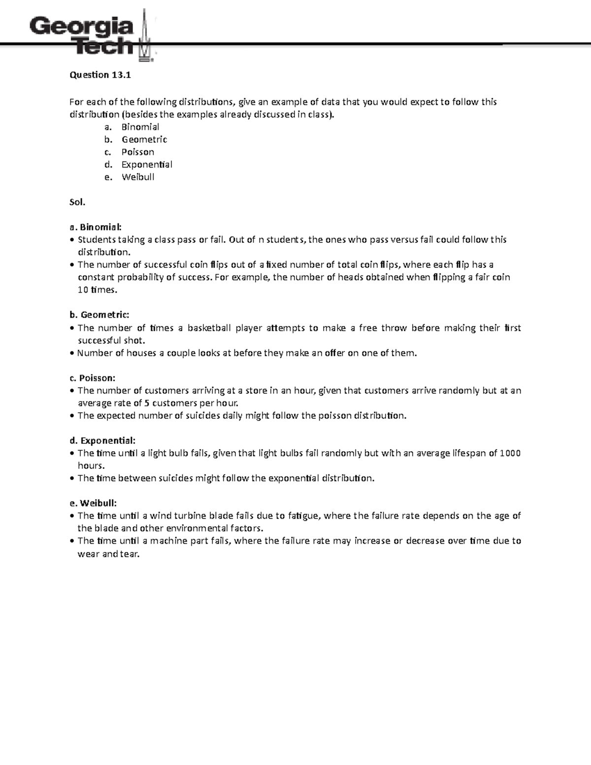 Sol 13 Homework Assignment Ques On 13 For Each Of The Following Distribu 4 Ons Give An