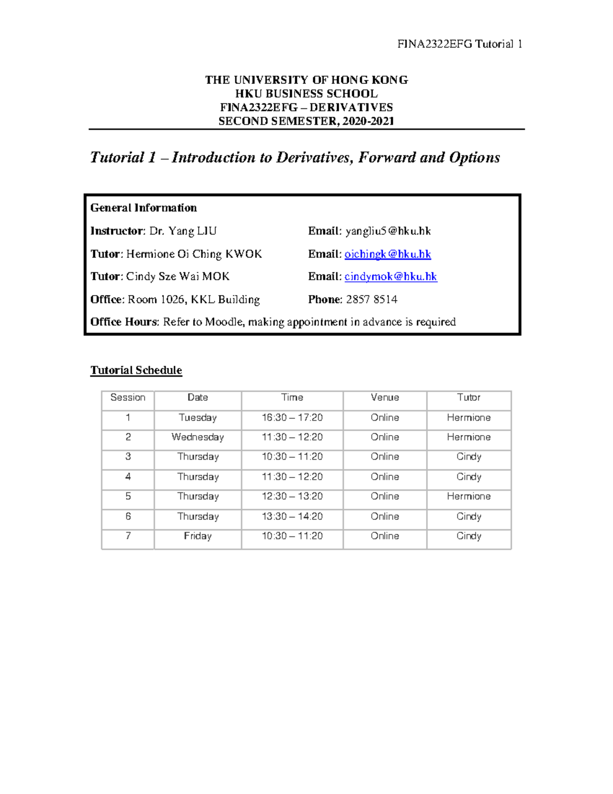 FINA2322 Tutorial 1 - tut - THE UNIVERSITY OF HONG KONG HKU BUSINESS ...
