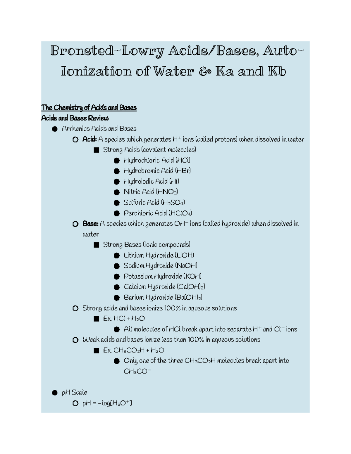 Bronsted-Lowry Acids Bases, Auto-Ionization of Water Ka and Kb ...