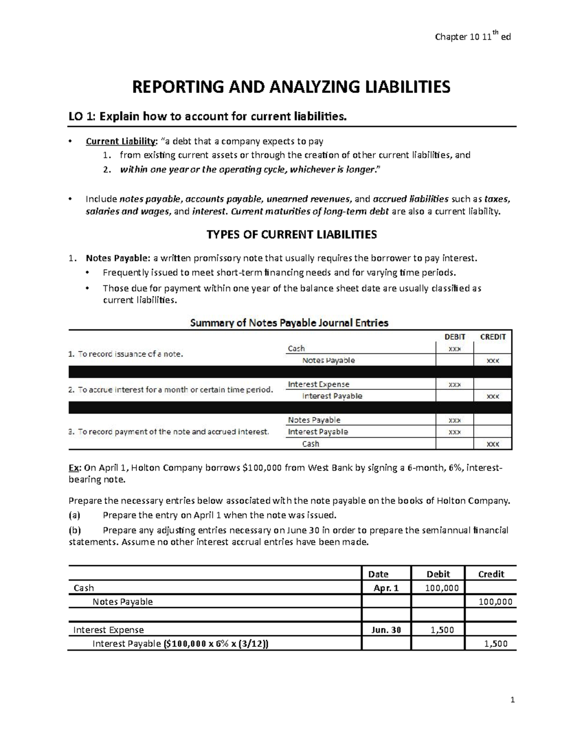 Chapter 10 Review - REPORTING AND ANALYZING LIABILITIES LO 1: Explain ...