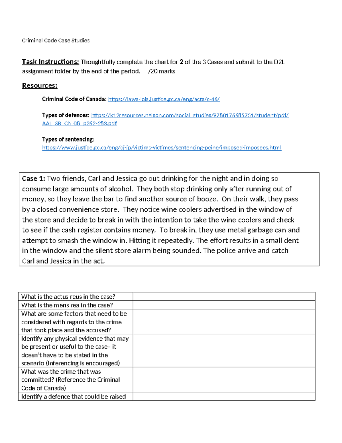 Criminal case analysis - Criminal Code Case Studies Task Instructions ...
