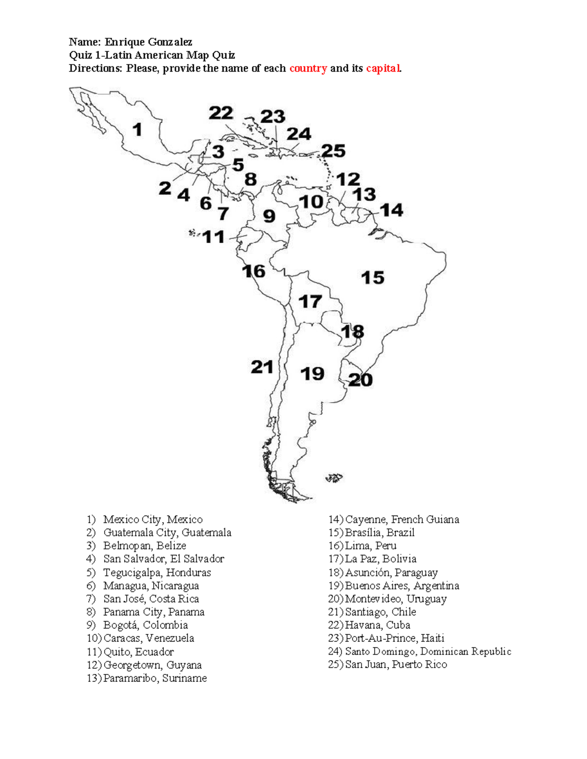 Quiz 1 - Latin American Map Quiz - Name: Enrique Gonzalez Quiz 1-Latin ...