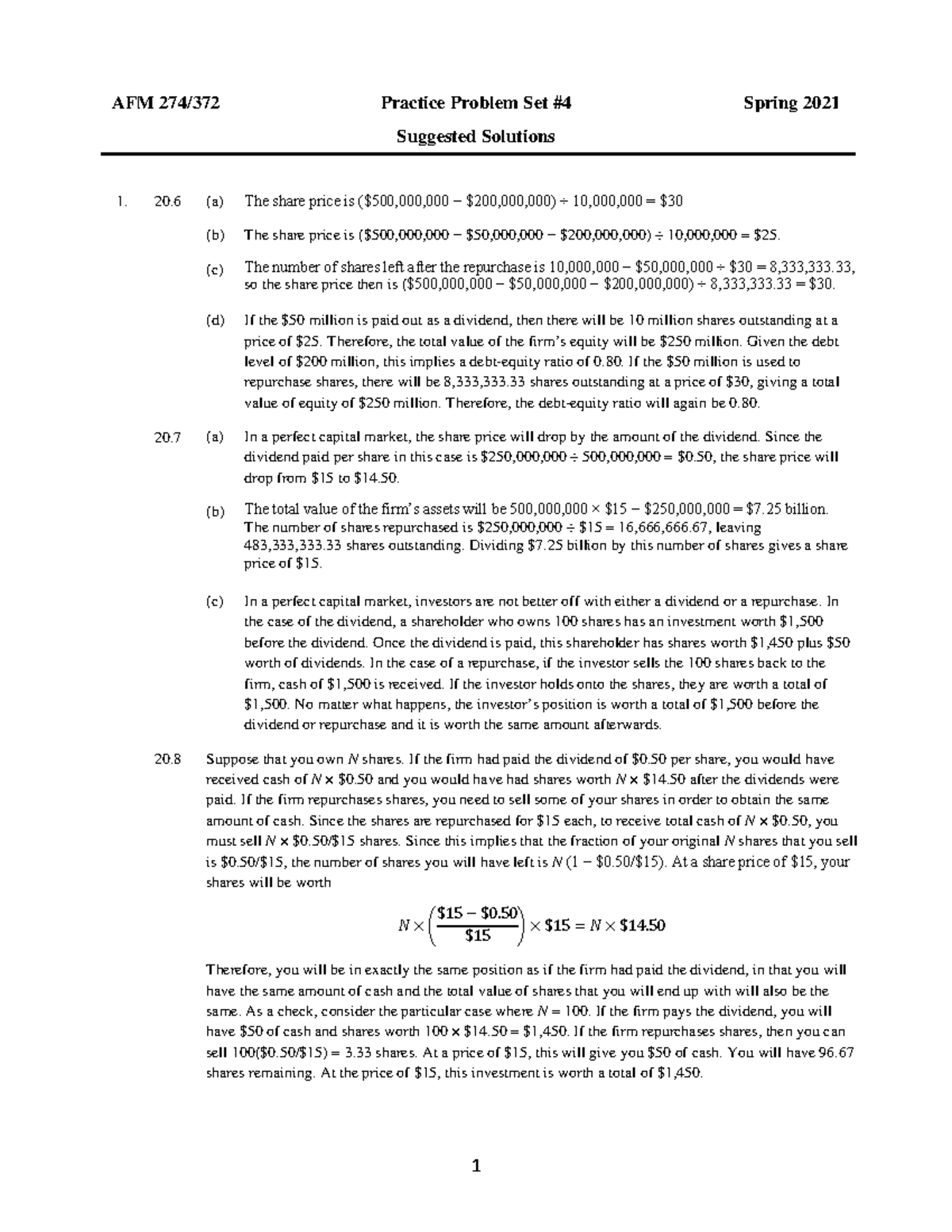 Problem Set 4 S'19 - Solutions - AFM 274/372 Practice Problem Set #4 Spring 2021 Suggested ...