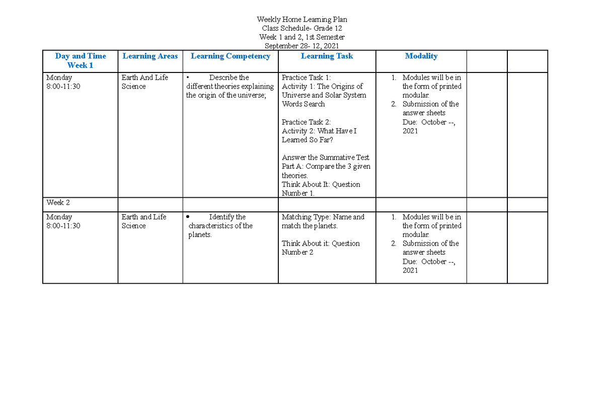 WHLP - none - Weekly Home Learning Plan Class Schedule- Grade 12 Week 1 ...