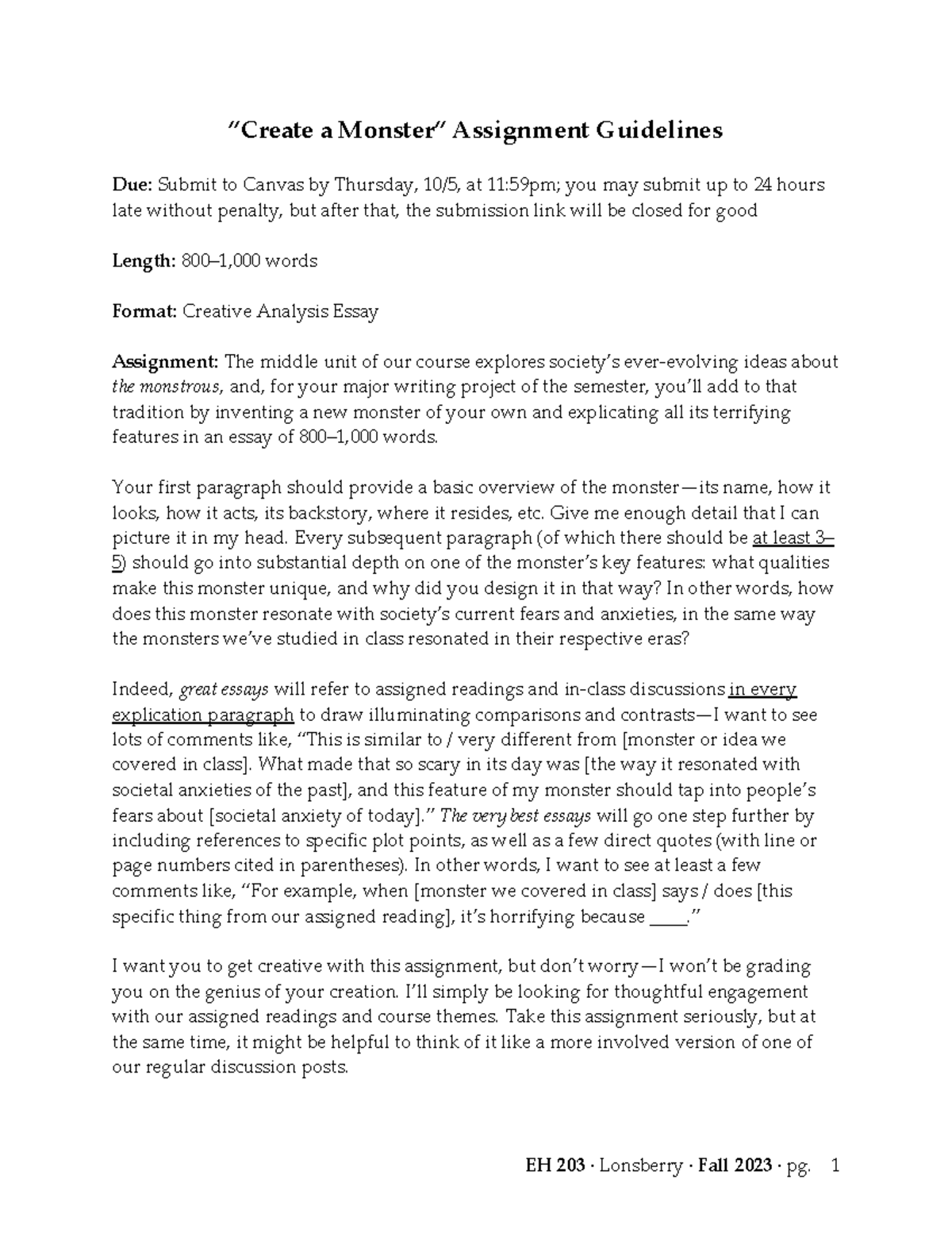 Create a Monster Assignment Guidelines Fall 2023 - EH 203 ∙ Lonsberry ∙ Fall 2023 ∙ pg. 1 ...