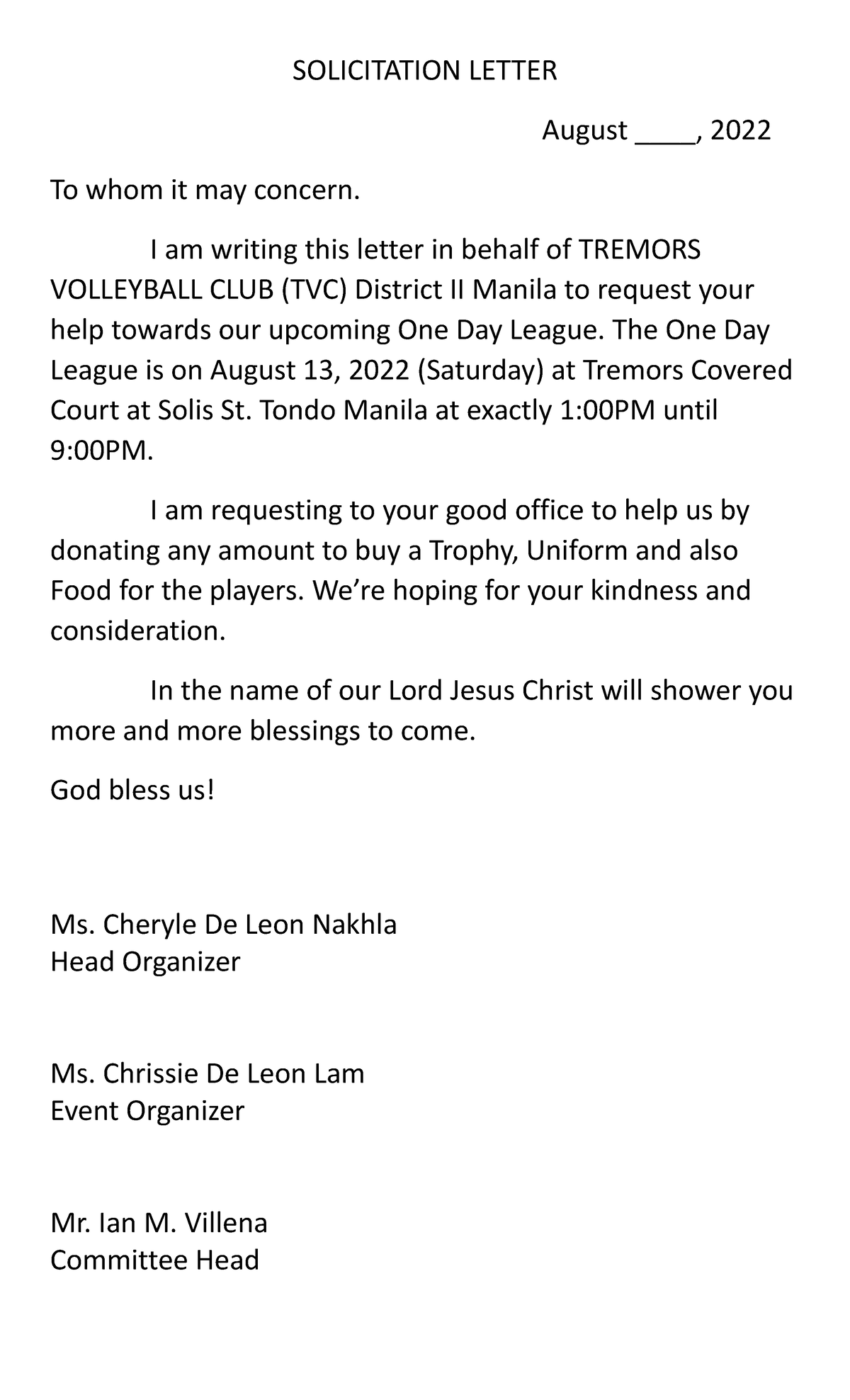 Solicitation Letter - MEEEE - SOLICITATION LETTER August ____, 2022 To ...