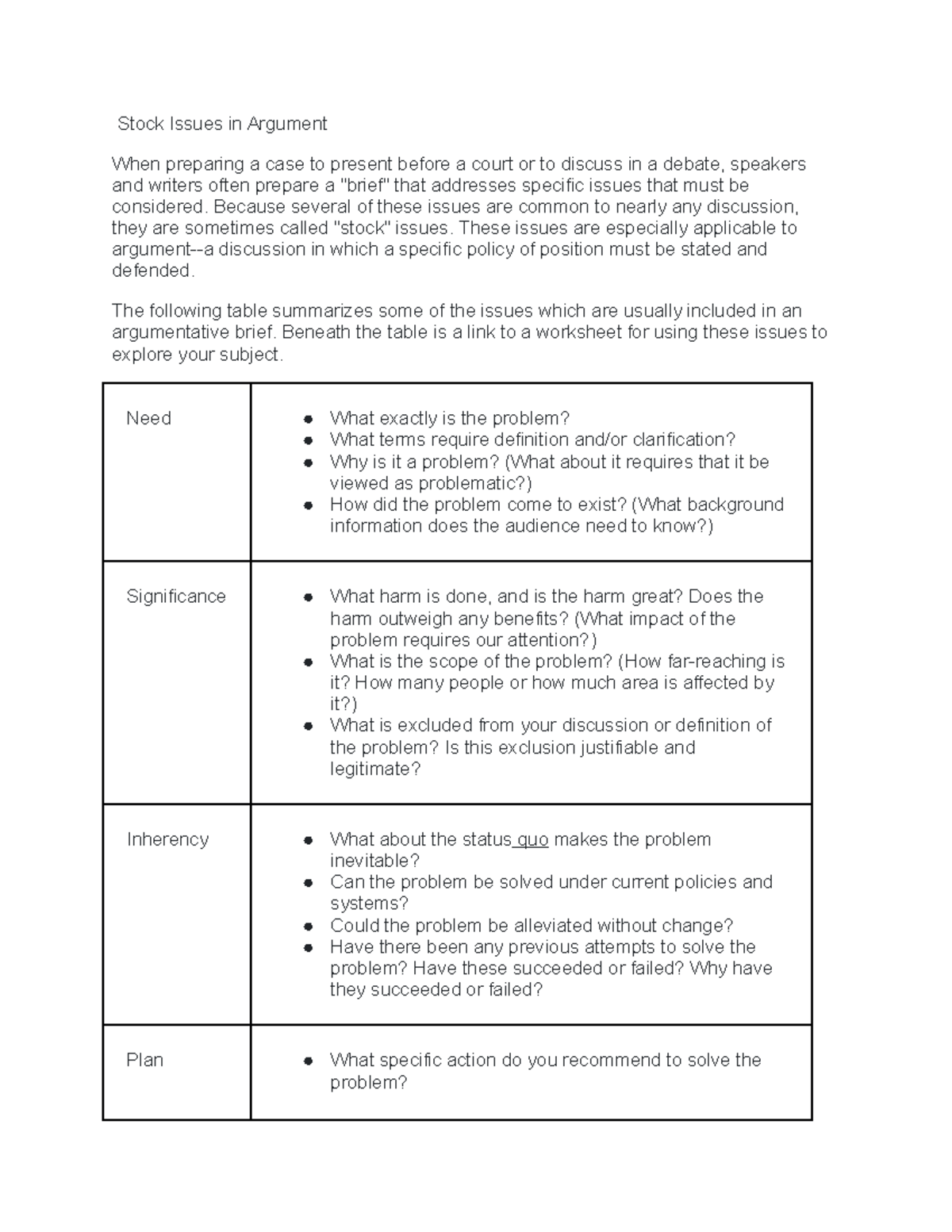 Stock Issues in Argument - Because several of these issues are common ...