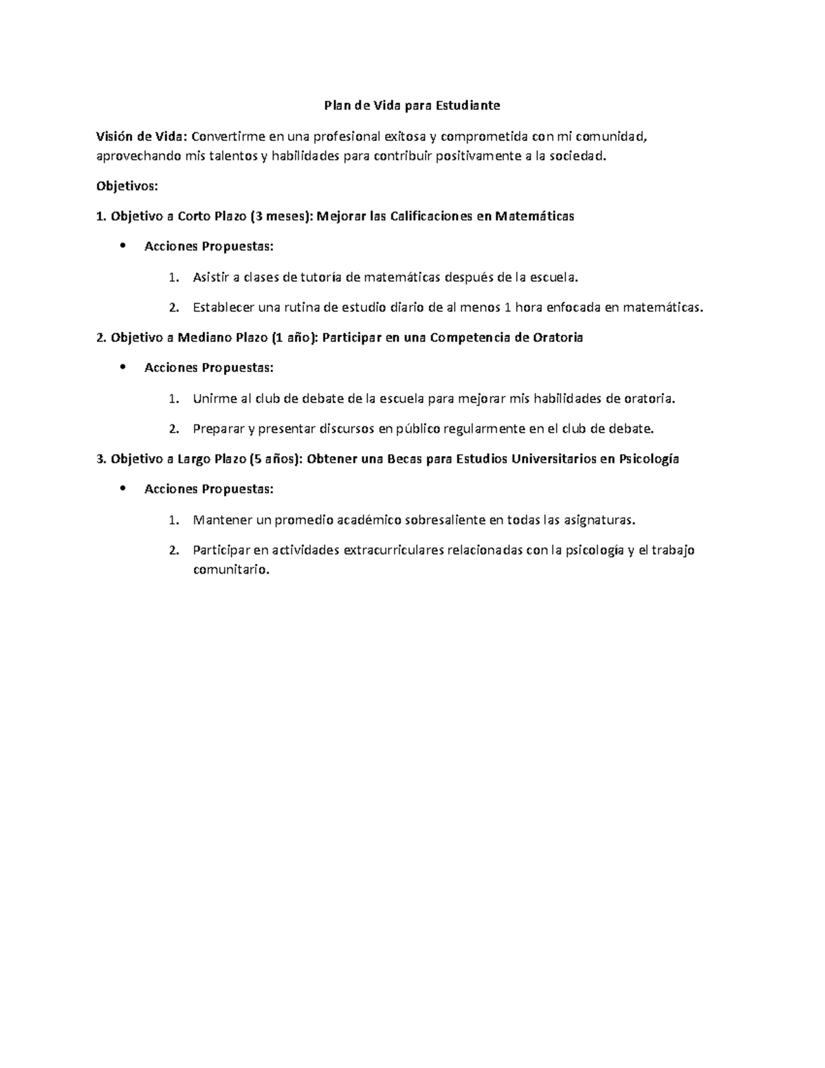 Plan de Vida para Estudiante - Plan de Vida para Estudiante Visión de ...