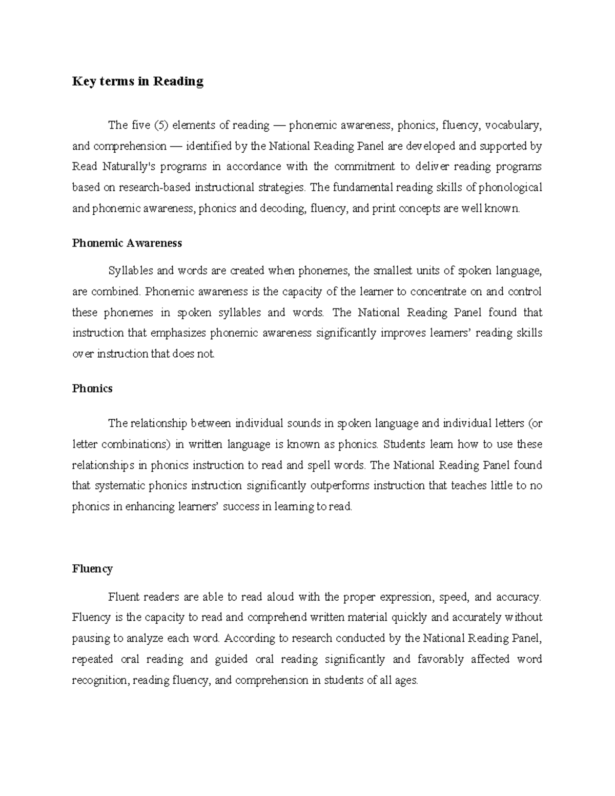 Unit Three Reading Proficiency - Key terms in Reading The five (5 ...