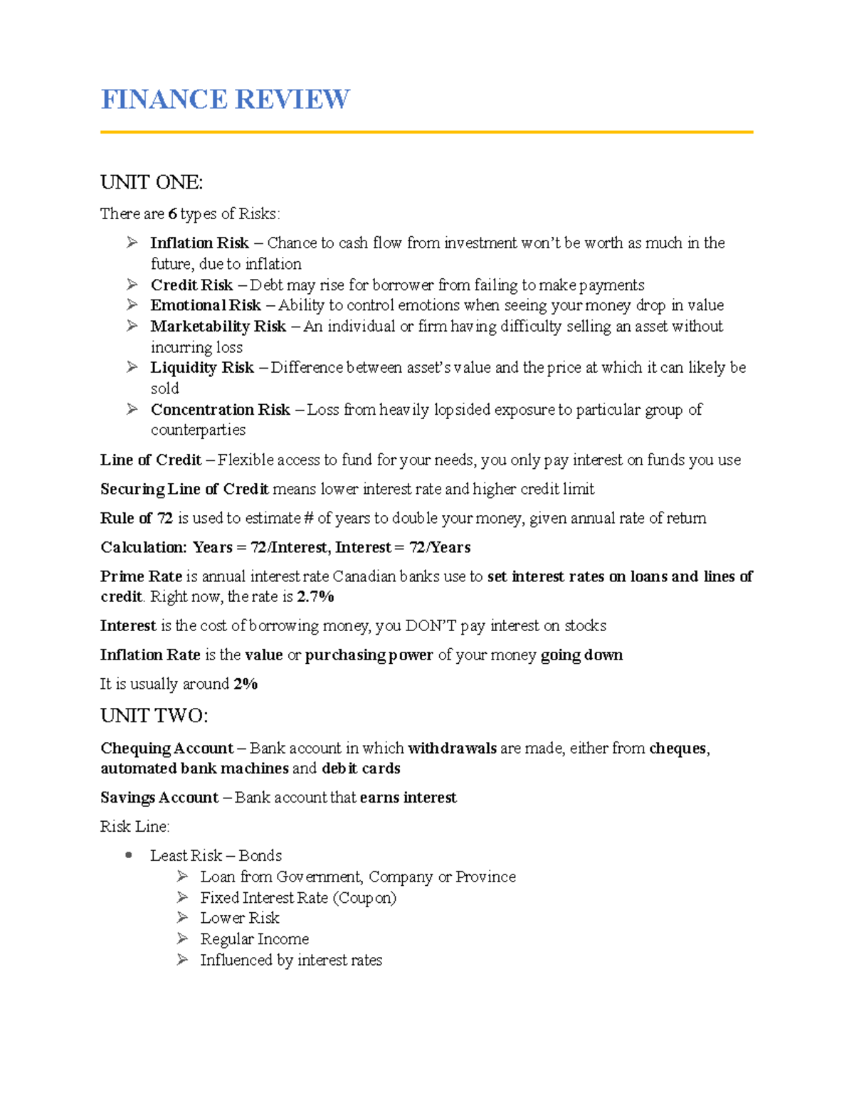 Finance review - FINANCE REVIEW UNIT ONE: There are 6 types of Risks ...