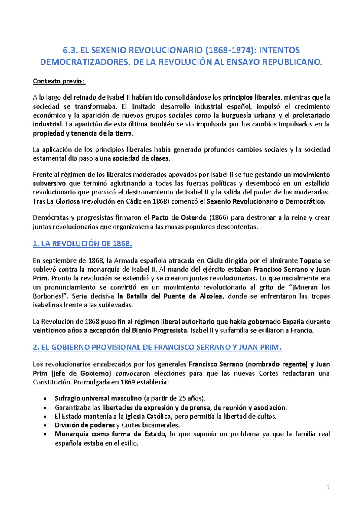 Sexenio Revolucionario 2 - 1 6. EL SEXENIO REVOLUCIONARIO (1868-1874): INTENTOS DEMOCRATIZADORES ...