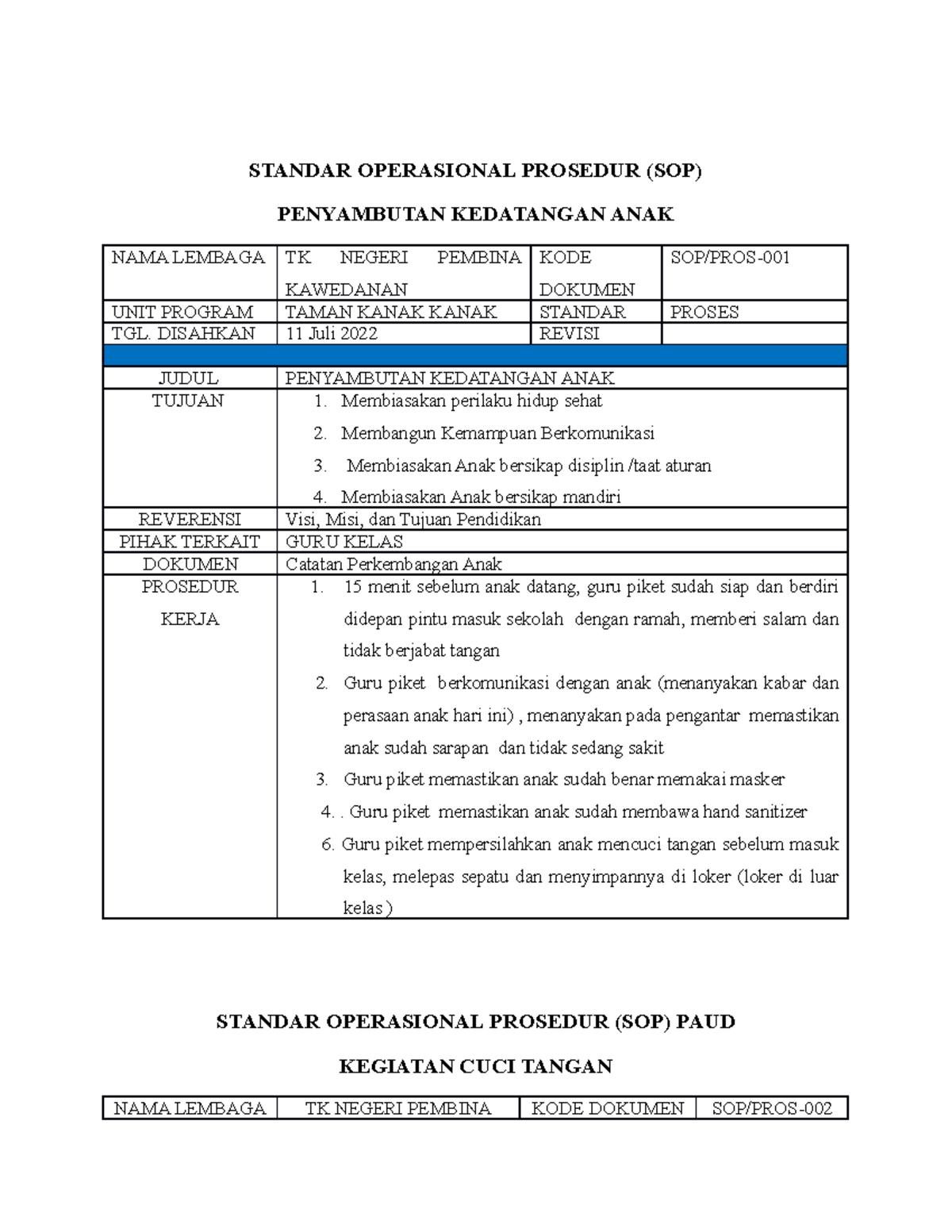 Sop tk n pembina - terma kasih - STANDAR OPERASIONAL PROSEDUR (SOP) PENYAMBUTAN KEDATANGAN ANAK ...