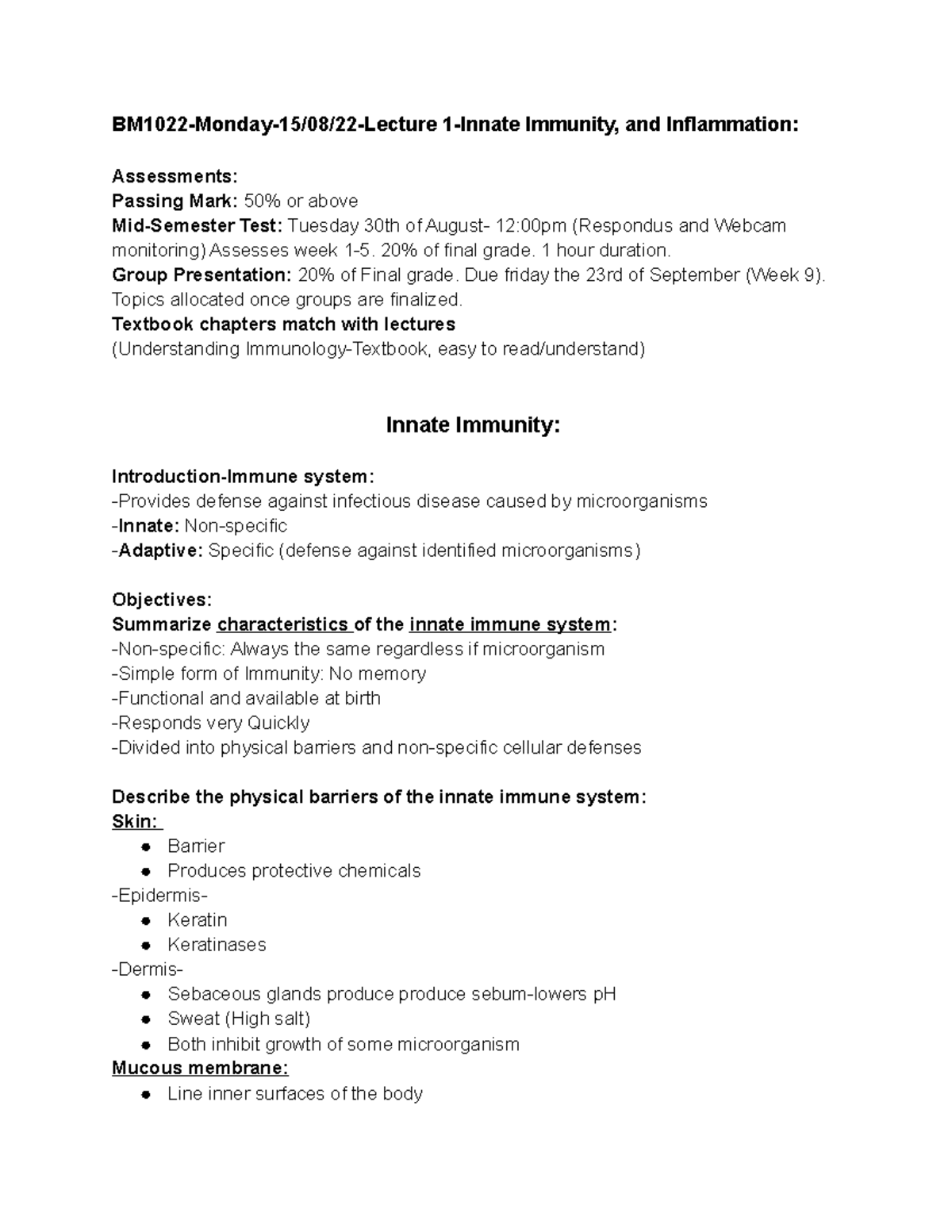 BM1022-Monday-15 08 22-Lecture 1-Innate Immunity, and Inflammation ...