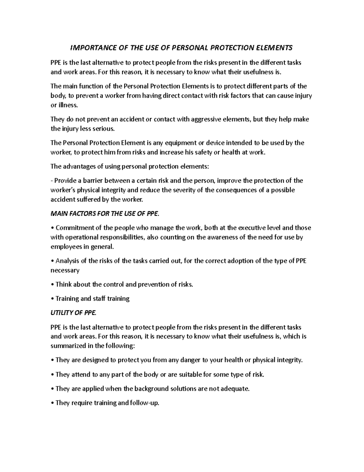 Importance OF THE USE OF Personal Protection Elements - IMPORTANCE OF ...