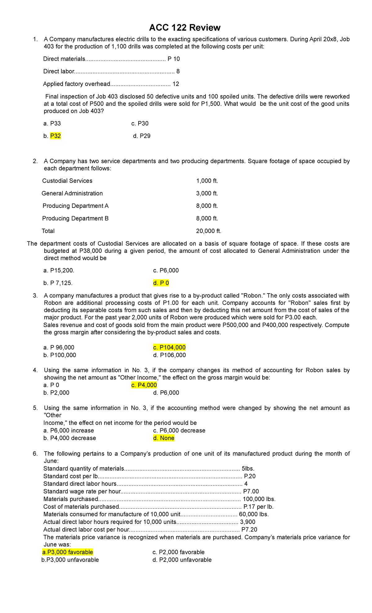 ACC 122 review - problem solving - ACC 122 Review A Company ...