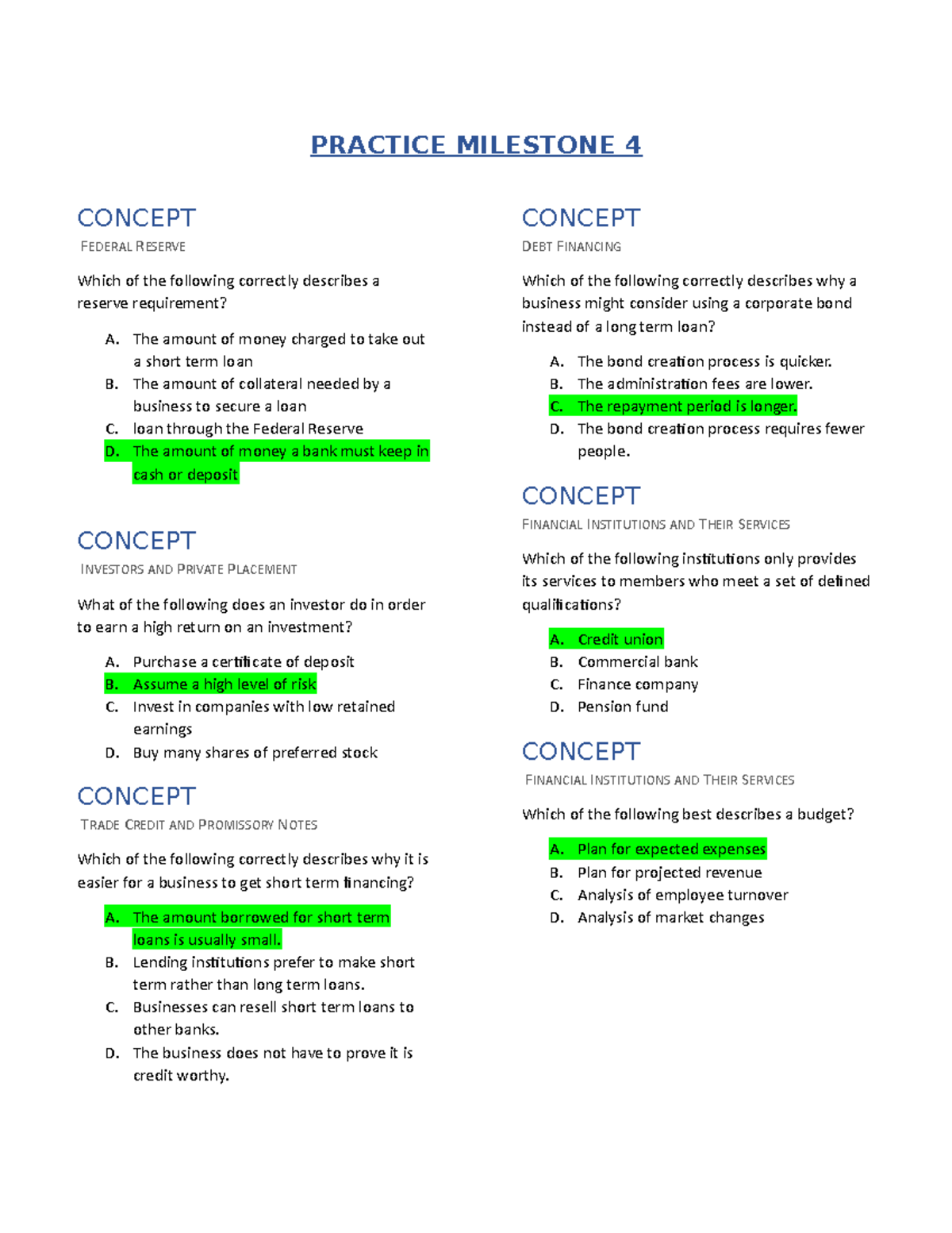 BUS 100 Practice Milestone 4 - PRACTICE MILESTONE 4 CONCEPT FEDERAL ...