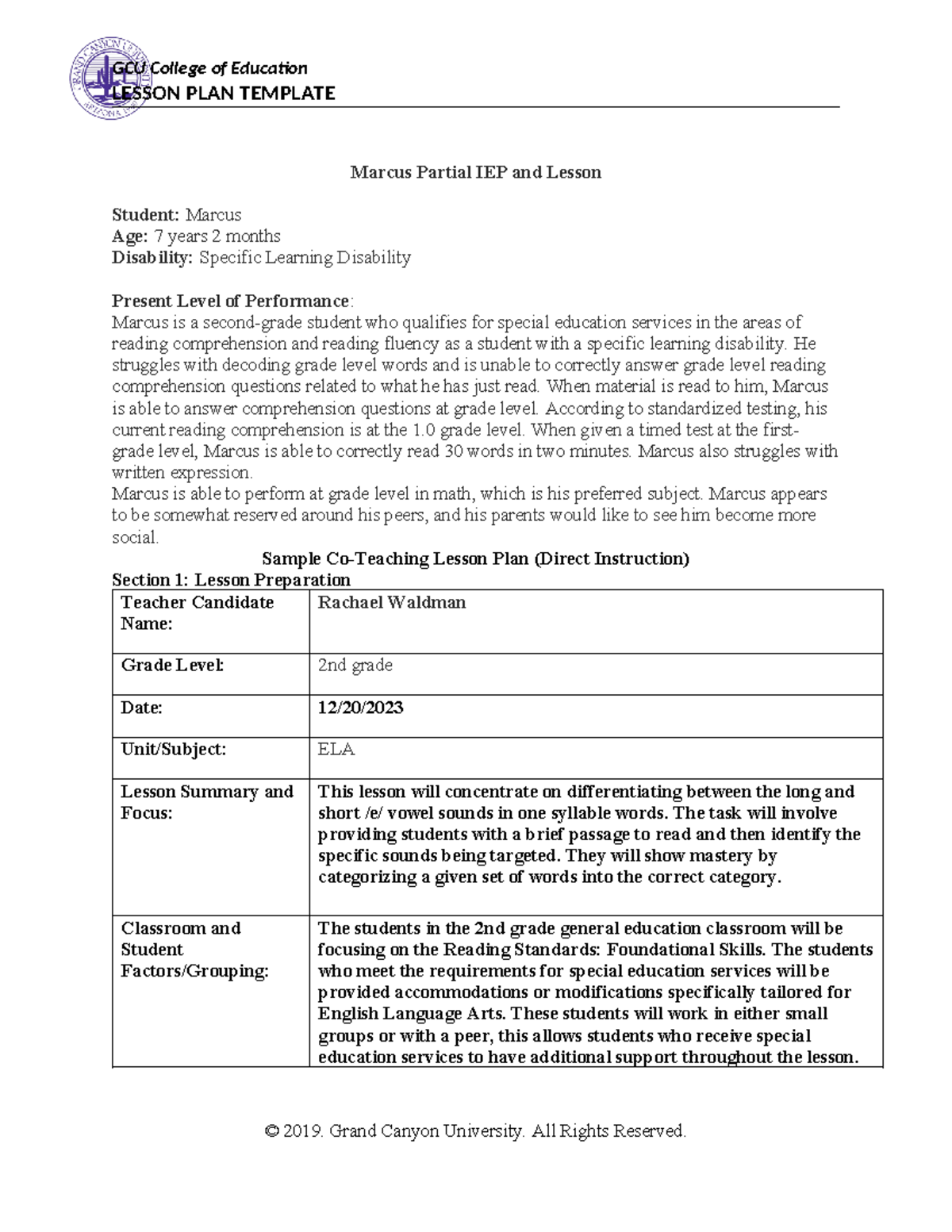 Modifying a Lesson Plan - LESSON PLAN TEMPLATE Marcus Partial IEP and ...