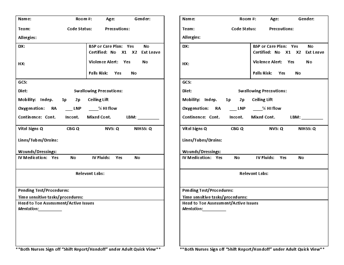 Nursing Shift Handover Template - Both Nurses Sign off “Shift Report ...
