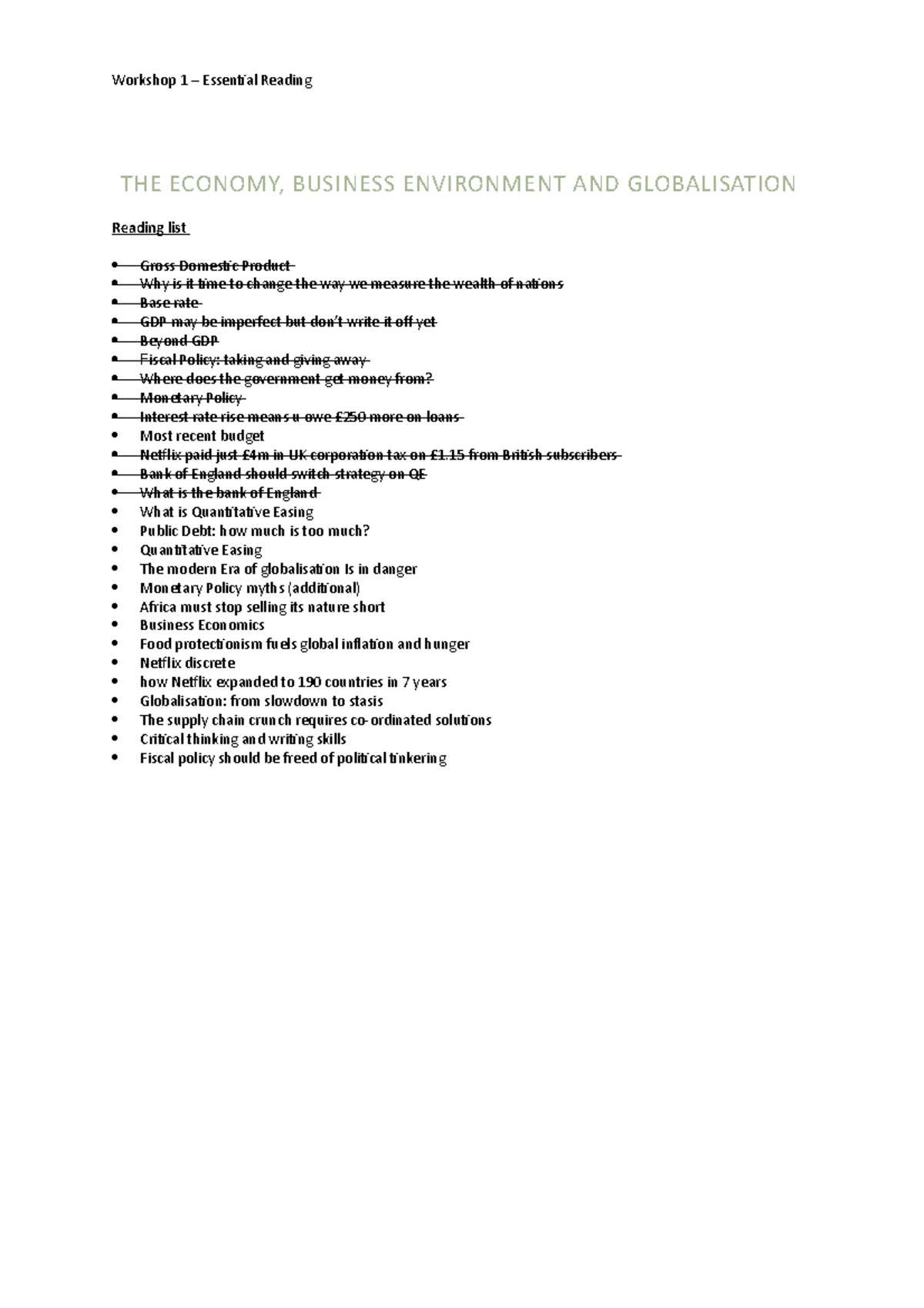 Week 1 - Reading List with Notes - THE ECONOMY, BUSINESS ENVIRONMENT ...