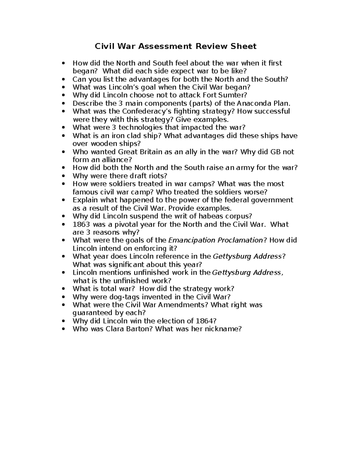 Civil War Assessment Review Sheet - What was the Confederacy’s fighting ...