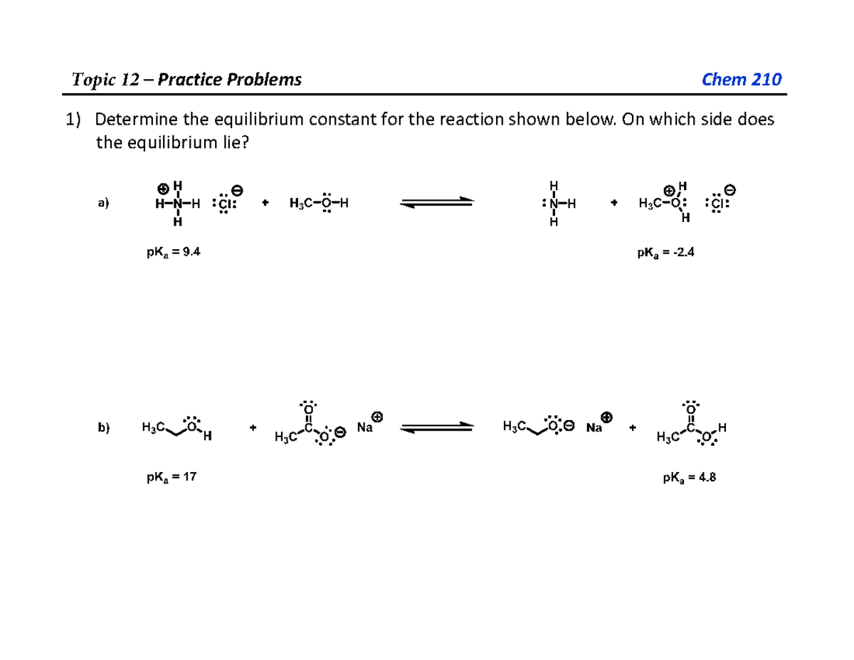 T12 - Practice Problems - Determine the equilibrium constant for the ...