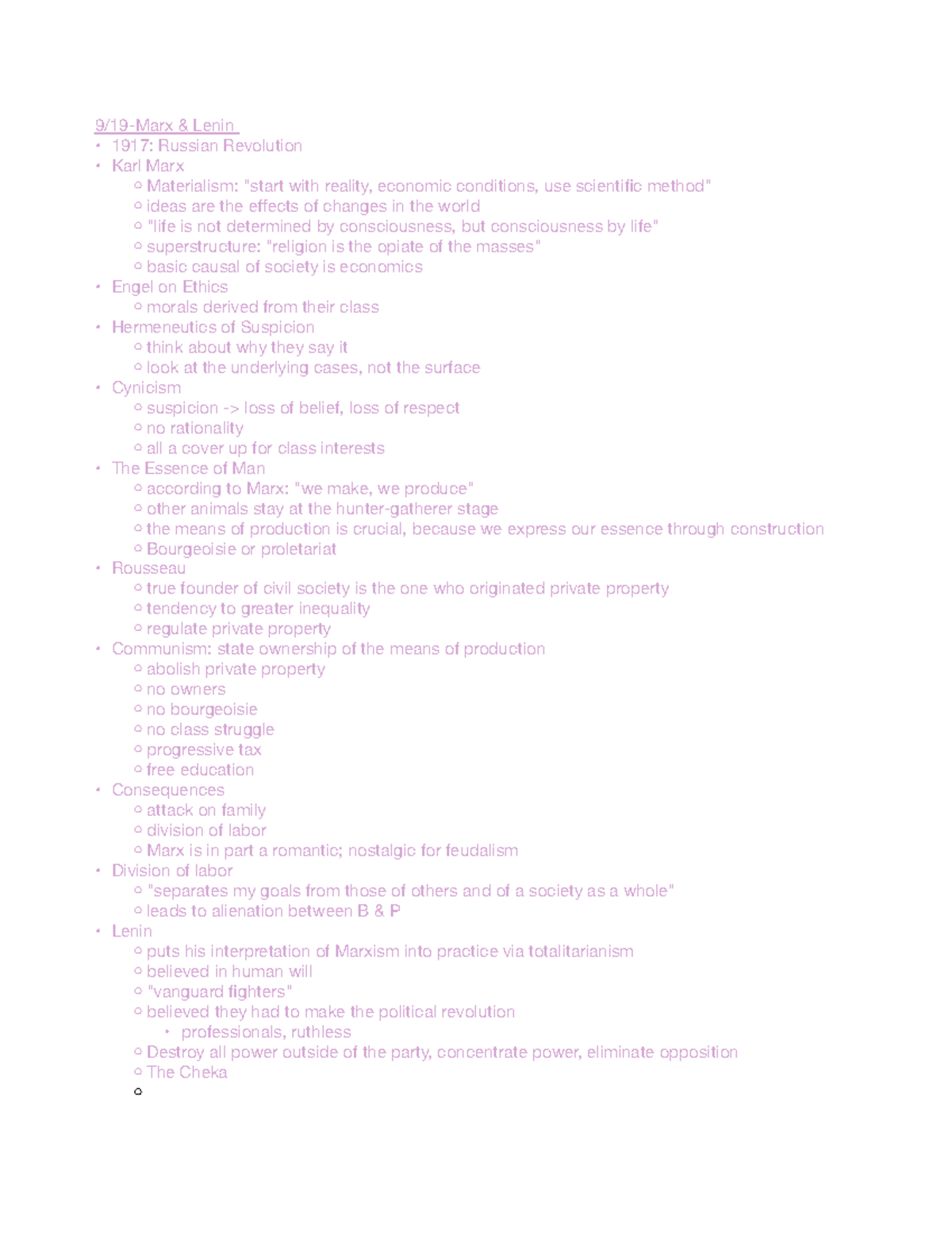 9-19 to 9-23 Lectures - Lecture notes - 9/19-Marx & Lenin " 1917 ...