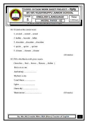Grade 5 mid year english - Grade 05 Name/ Index No. Time 1 Hours l ...
