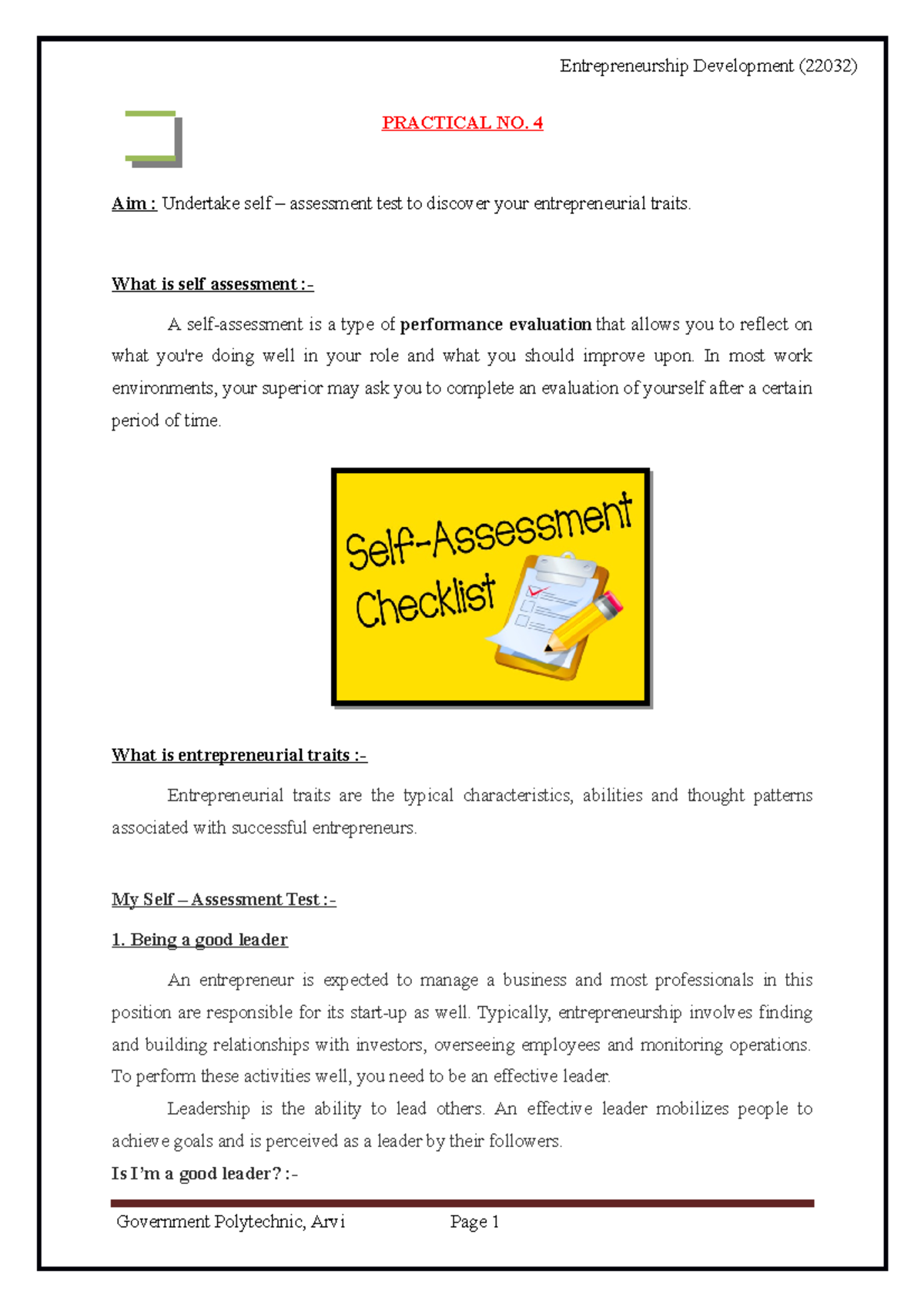 Practical NO 4 - PRACTICAL NO. 4 Aim : Undertake self – assessment test ...