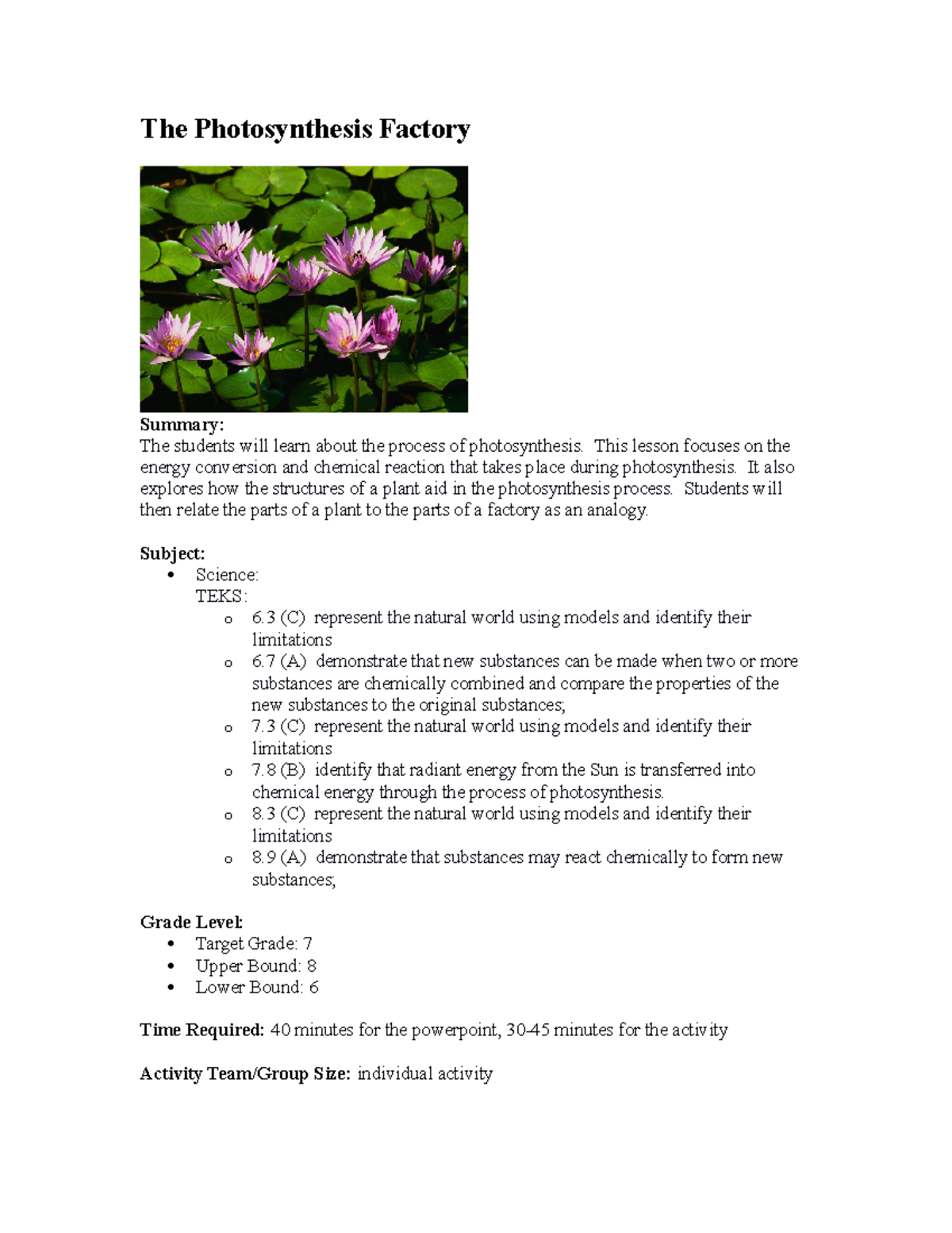 Photosynthesis-lesson-plan - The Photosynthesis Factory Summary: The ...