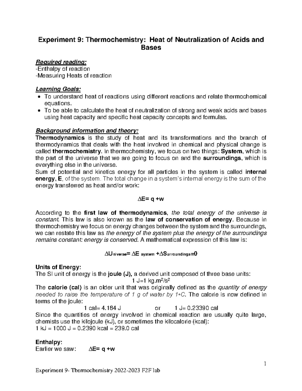 Experiment 9- Thermochemistry Fall 2022 F2F - 1 Experiment 9 ...